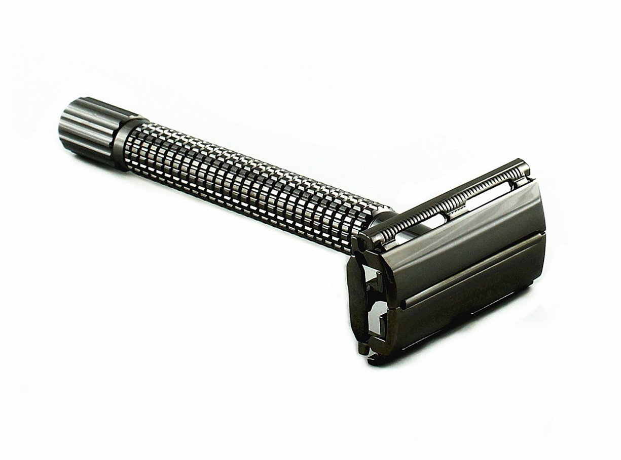 Edward London & Co Pearl Black Heavy Long Handle Double Edge Butterfly Open Safety Razor