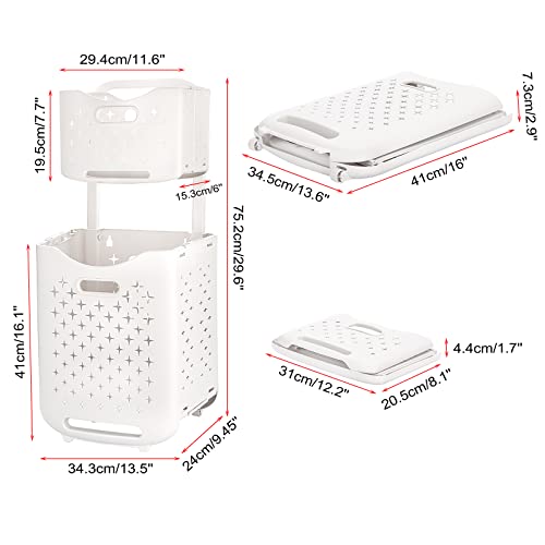 BTSKY Plastic Collapsible Laundry Baskets Wall Hanging Dirty Clothes Hamper with Hidden Pull-rod Multifunctional Plastic Laundry Baskets for Laundry Room Organization Bathroom Hotel and Camping, White