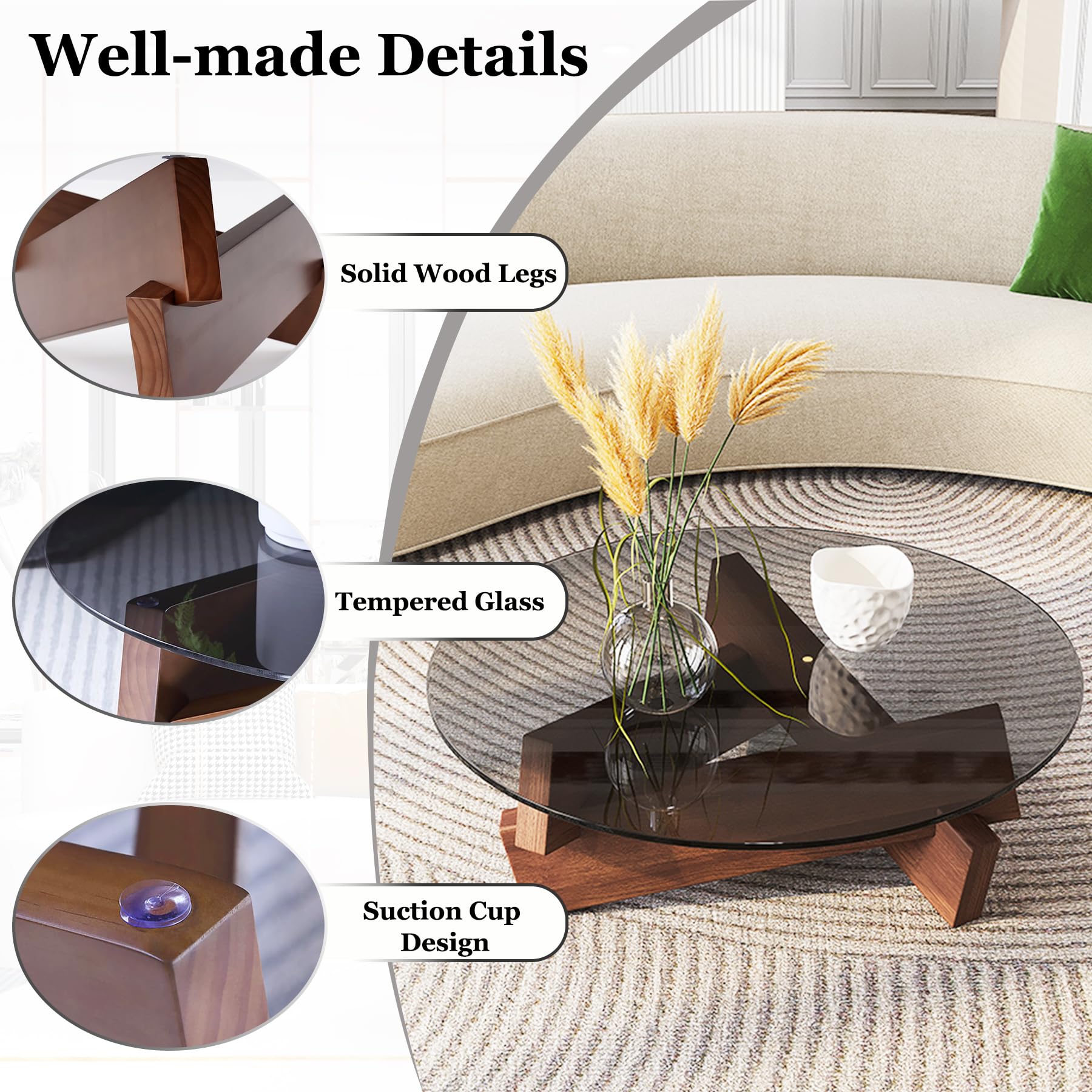 Coffee Table, Round Coffee Table for Living Room Modern Glass Coffee Table with Solid Wood Legs Farmhouse Mid Century Center Table Large Circle Cocktail Table (Black + Brown, 31.5in)