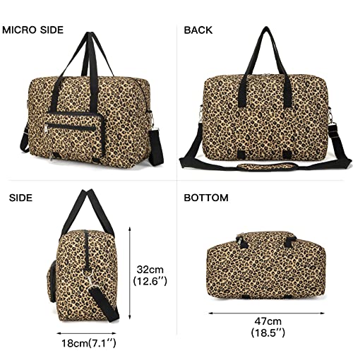 EXYANGEE Foldable Travel Duffel Bag, Medium Women's Weekender and Overnight bag carry on Luggage bag for Women and Girl(leopard)