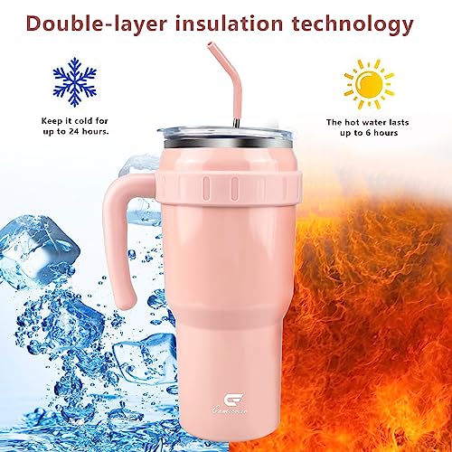 Camicour 40 Oz Tumbler With Handle Insulated Travel Mug With Straw,Reusable Stainless Steel Water Bottle Travel Mug Iced Coffee Cup,Keeps Drinks Cold Up To 34 Hours Or Hot For 12 Hours (Pink)