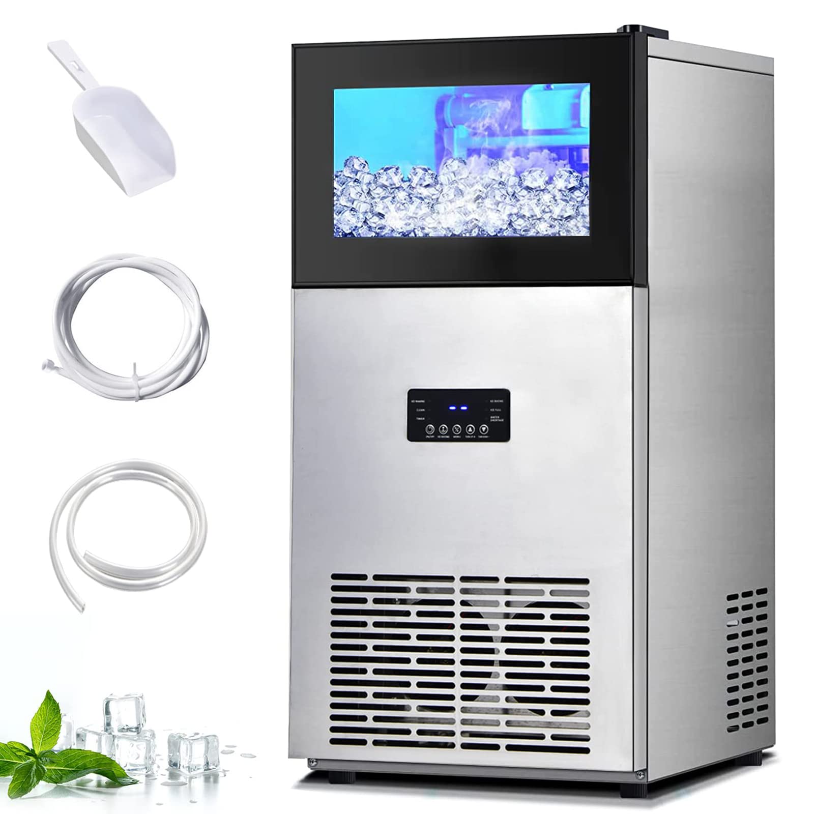 COSTWAY Commercial Ice Maker Machine, 180LBS/24H Stainless Steel Under Counter Freestanding Ice Machine for Restaurant with Self-Cleaning Function, 63 Ice Cube Ready in 13-18 mins, 35 LBS Storage Bin