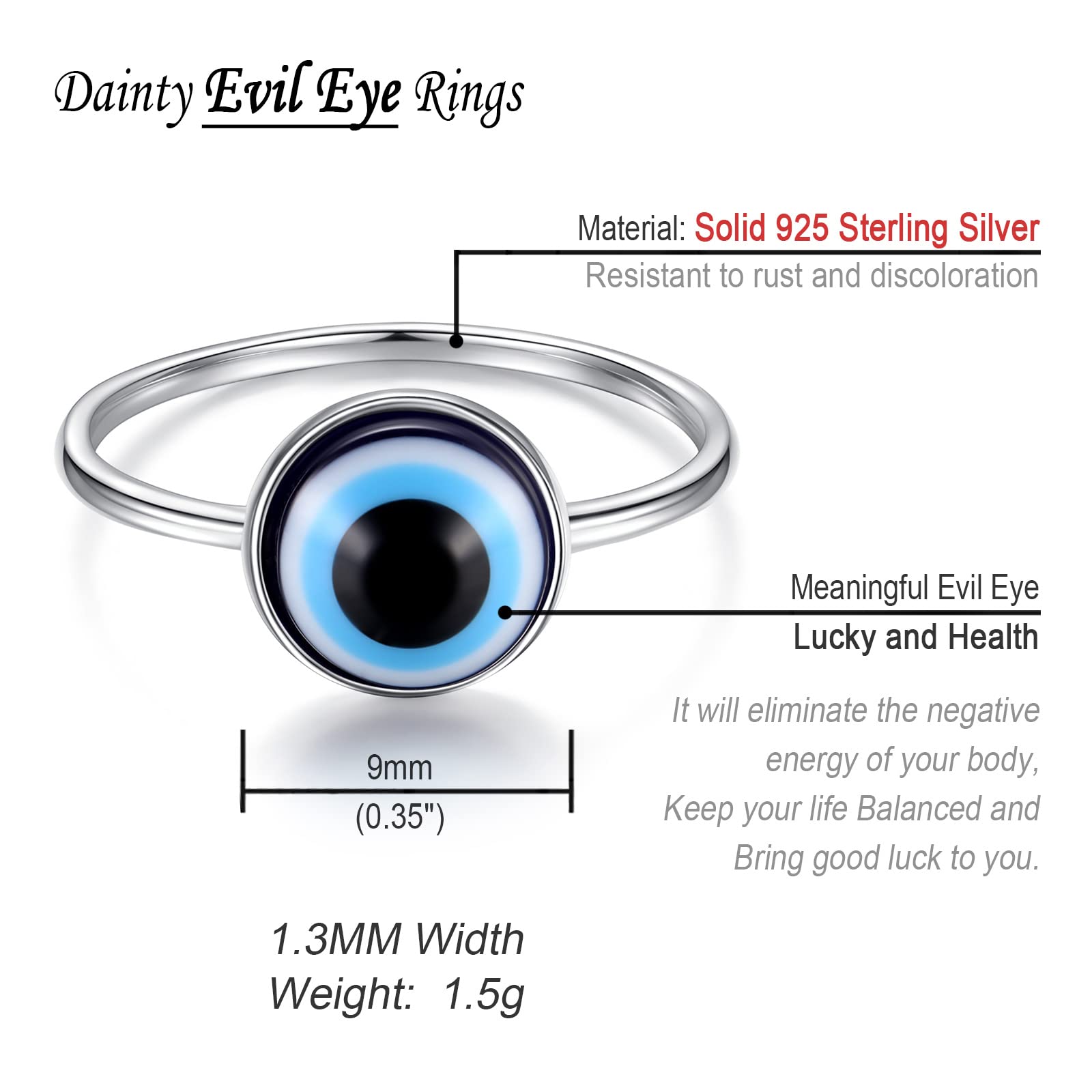 AntDear Evil Eye Ring for Women 925 Sterling Silver, Dainty Blue Eye Turkish Lucky Protection Gift for Her Size 6 (Evil Eye, 6)