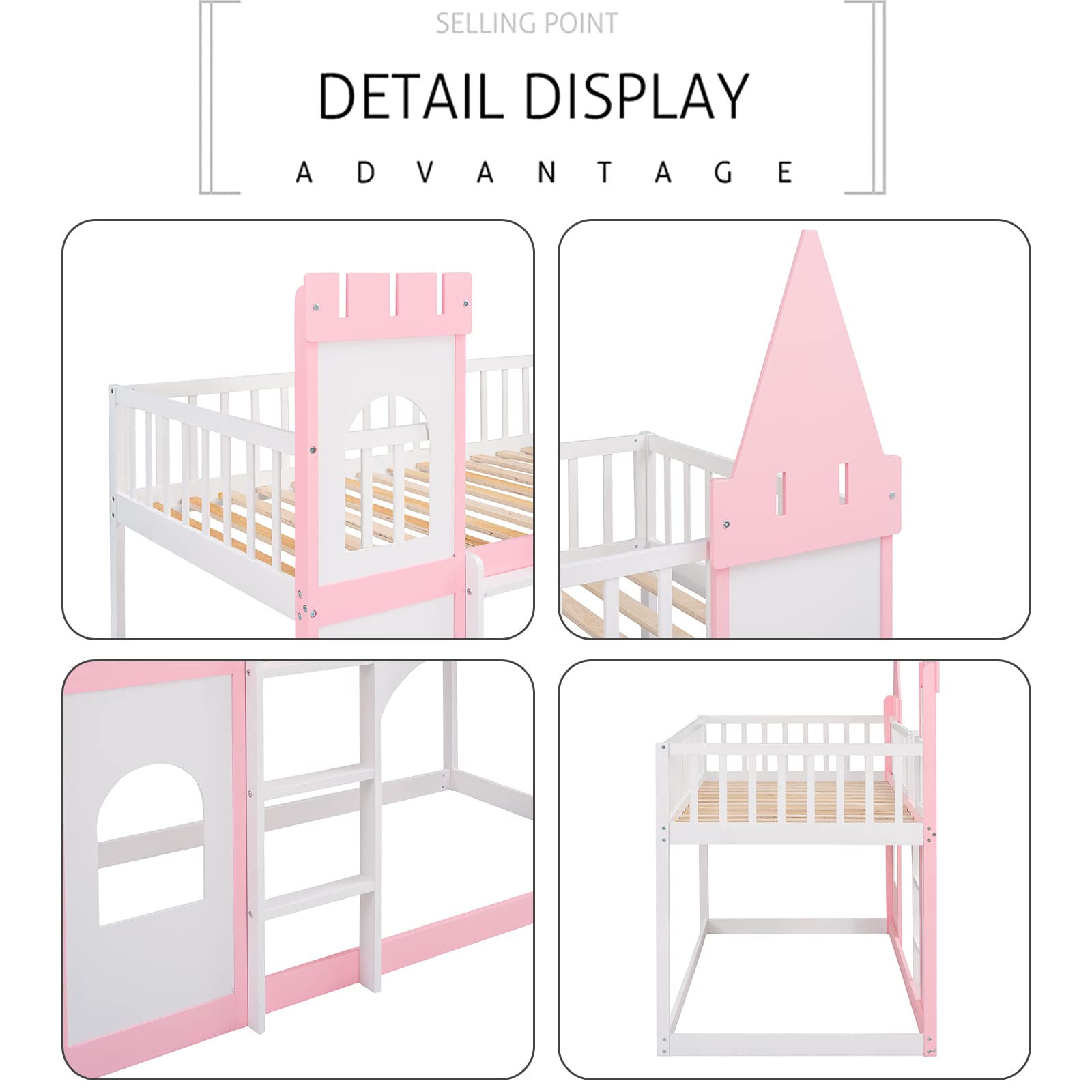 Harper & Bright Designs Twin Over Twin Kids Bunk Bed, Twin Loft Bed with Castle Shape Design, Wooden Floor Bunk Beds for Girls Boys Bedroom Dorm, Pink