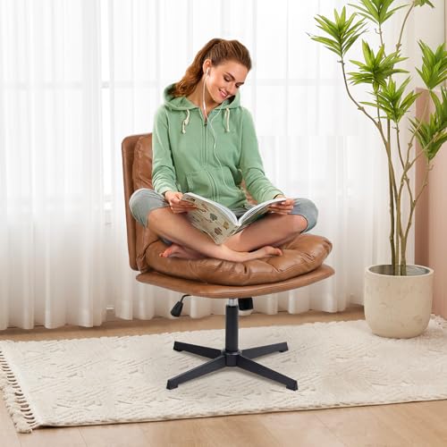 Chummaven High-Back Armless Home Office Chair No Wheels,Pu Leather Office Desk Chair Thick Swivel Rocking Vanity Chair Adjustable Computer Task Chair for Make Up,Small Space,Bedroom,Brown