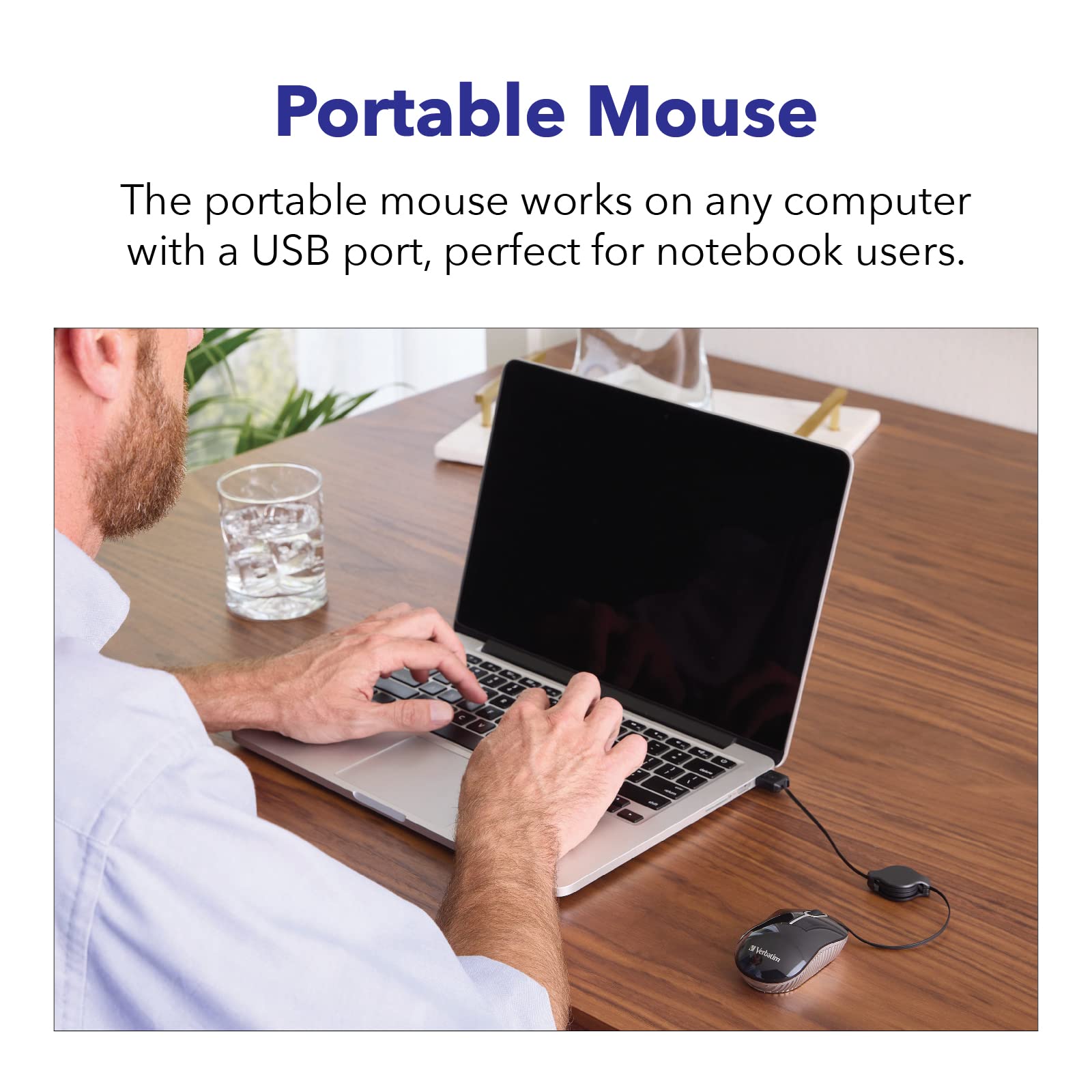 Verbatim Wired Optical Computer Mini USB-A Mouse - Plug & Play Corded Small Travel Mouse with Retractable Cable – Blue 98616