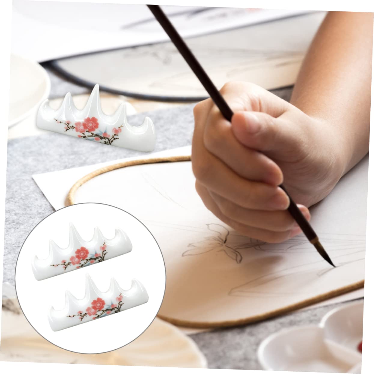 COHEALI 2pcs Brush Holder Chinese Decor Brush Pen Calligraphy Brush Table Stand Painting Writing Brush Rest Decked Pen Stand Pen Rack Calligraphy Supplies Bench Plum Bossom Ceramics White