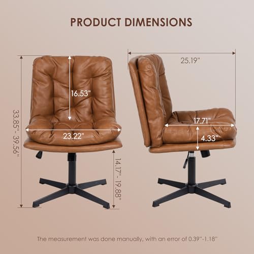 Chummaven High-Back Armless Home Office Chair No Wheels,Pu Leather Office Desk Chair Thick Swivel Rocking Vanity Chair Adjustable Computer Task Chair for Make Up,Small Space,Bedroom,Brown