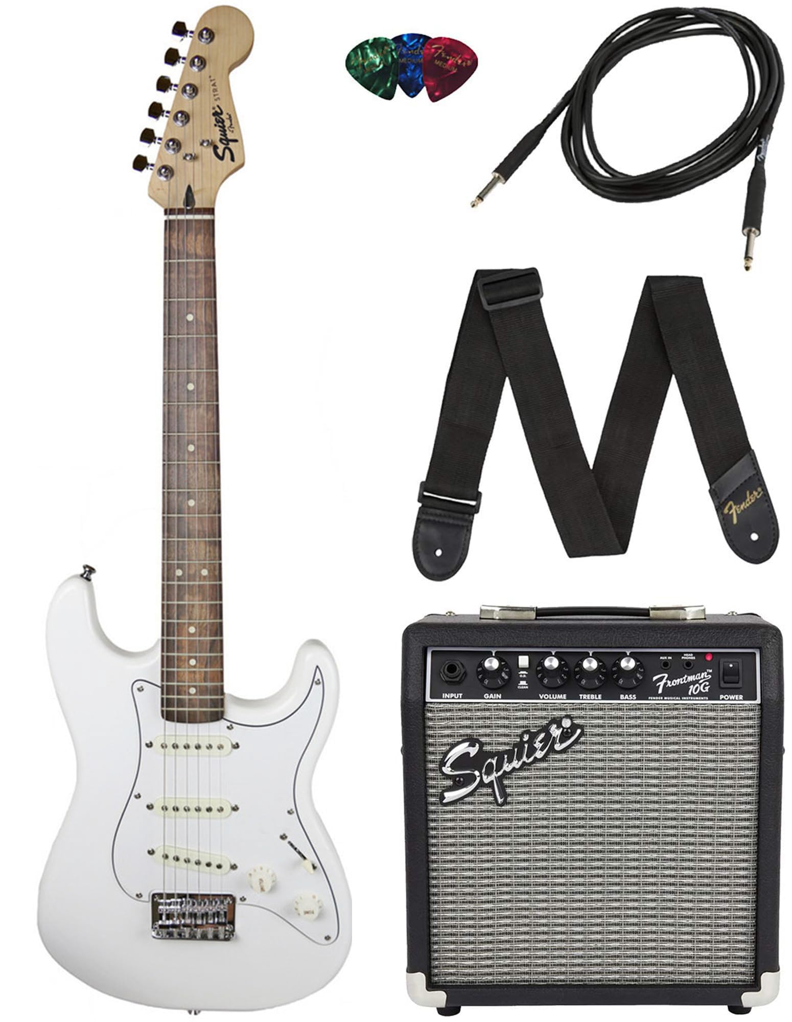 Fender Squier 24-Inch Short Scale Strat Pack - Transparent Red Bundle with Frontman 10G Amplifier, Tuner, Instrument Cable, Strap, Picks, Online Lessons, and Austin Bazaar Instructional DVD