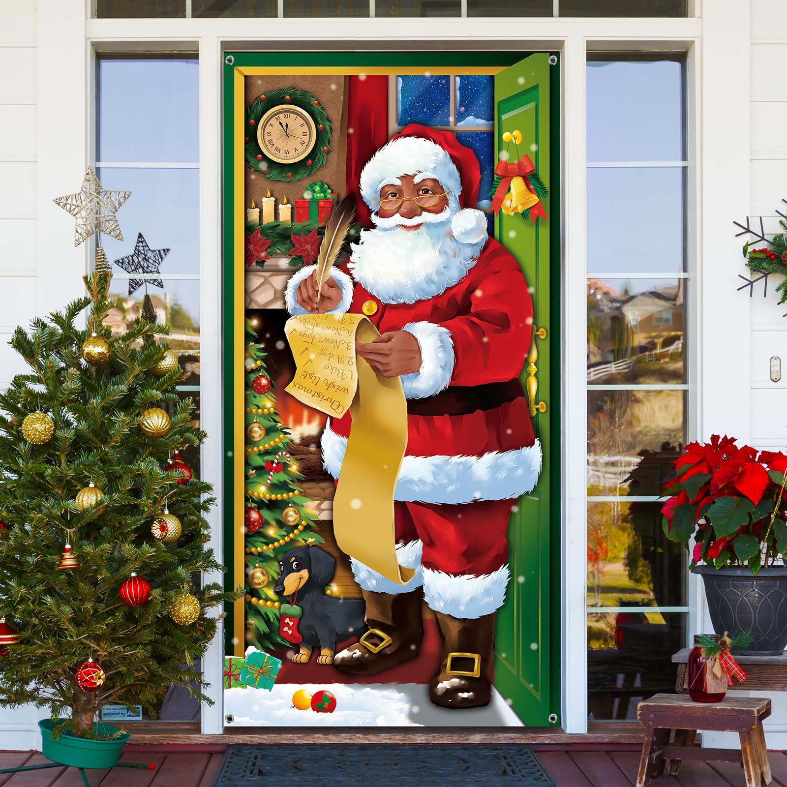 Christmas Door Cover Decoration Christmas Santa Claus Door Cover Xmas Door Hanging Banner Christmas Santa Background Banner for Home Front Door Holiday Christmas Decoration (Black Santa Claus)