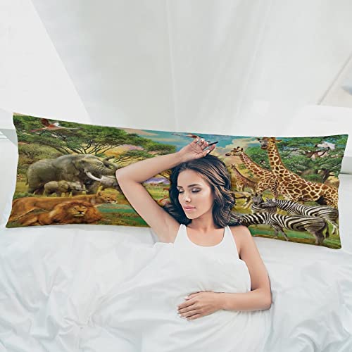 Body Pillow Cover,Africa Animal Rhino Flamingo Lion Zebra Giraffe Family Printed Long Pillow Cases Protector with Zipper Decor Soft Large Covers Cushion for Beding,Couch,Sofa,Home Gift 20"x54"