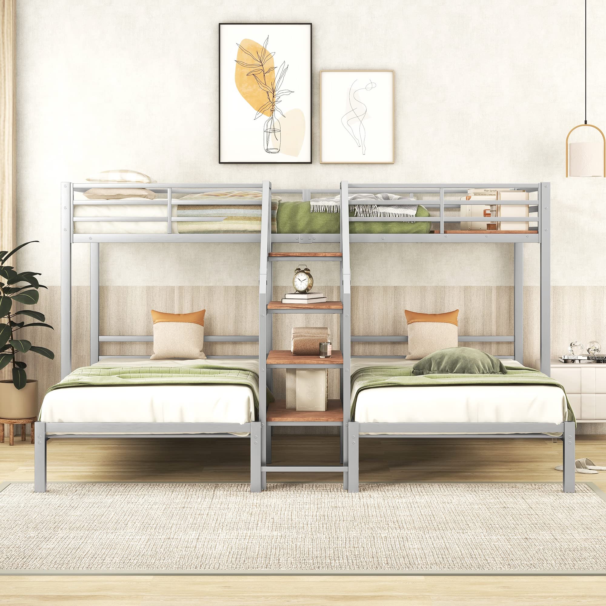 Harper & Bright Designs Triple Bunk Beds with Stairs, Metal Twin Over Twin & Twin Bunk Beds with Storage Shelves,3 Bed Bunk Beds for Kids, Girls, Boys,Teens,Silver
