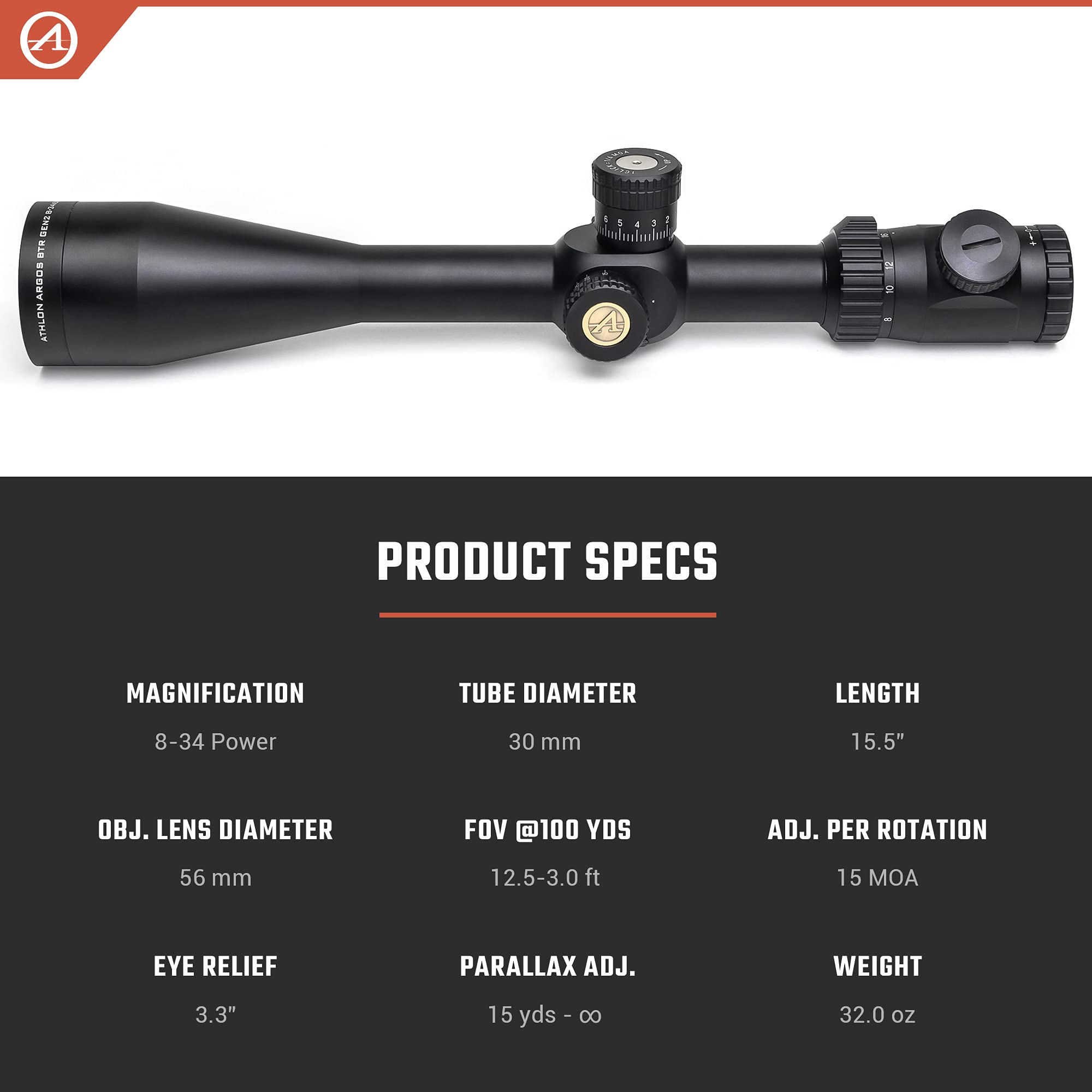 Athlon Optics Argos BTR GEN2 8-34x56 Riflescope - APLR2 FFP IR MOA, Black