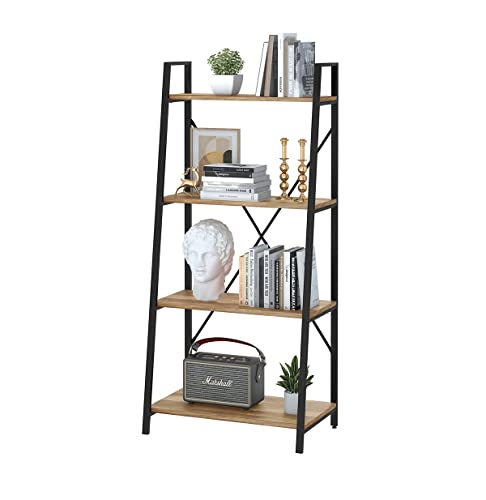BON AUGURE Industrial Ladder Shelf Bookcase, 4 Tier Rustic Ladder Bookshelf, Standing Leaning Book Shelves for Living Room (Vintage Oak)…