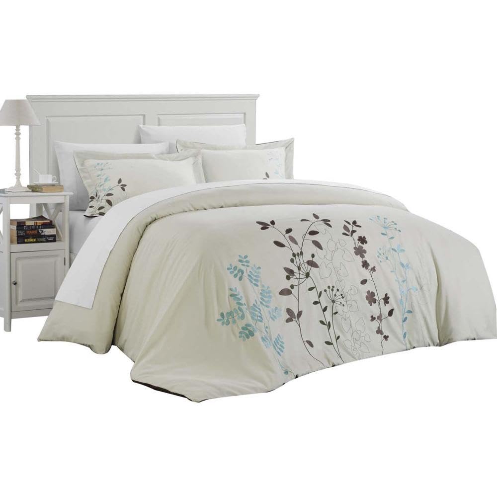 Chic Home 3-Piece Kaylee Floral Embroidered Duvet Set (Queen, Beige)