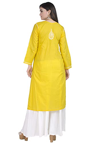 Chandrakala Hand Embroidered Lucknow Chikankari Kurti for Women 100% Cotton Indian Ethnic Tunic,2X-Large (K150YEL5) Yellow
