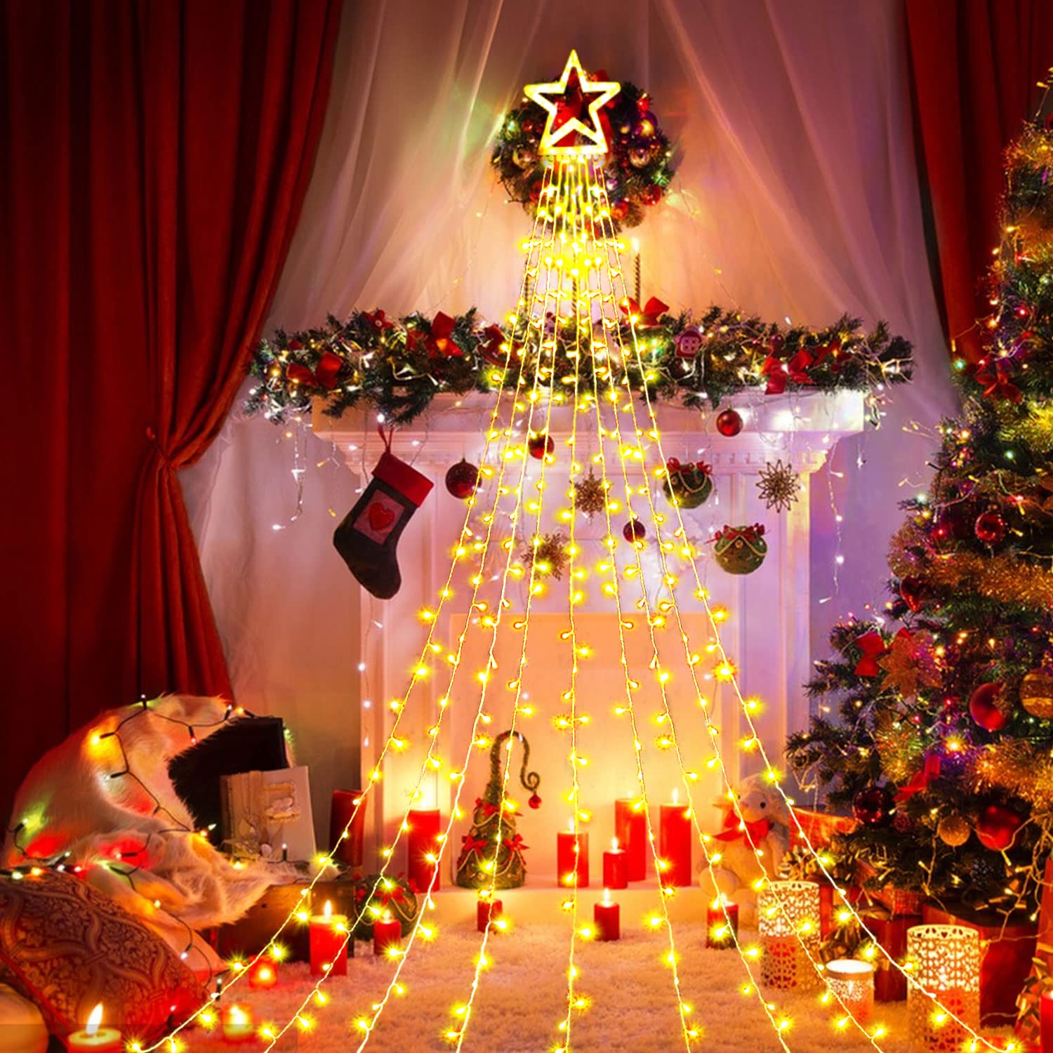 HENHUI ChristmasDecorations Outdoor Star Lights,16.4Ft Christmas Tree Toppers String Lights 320 LED 8 Memory Modes Timer with 14" Lighted Star for Valentine Christmas Holiday Birthday Festival