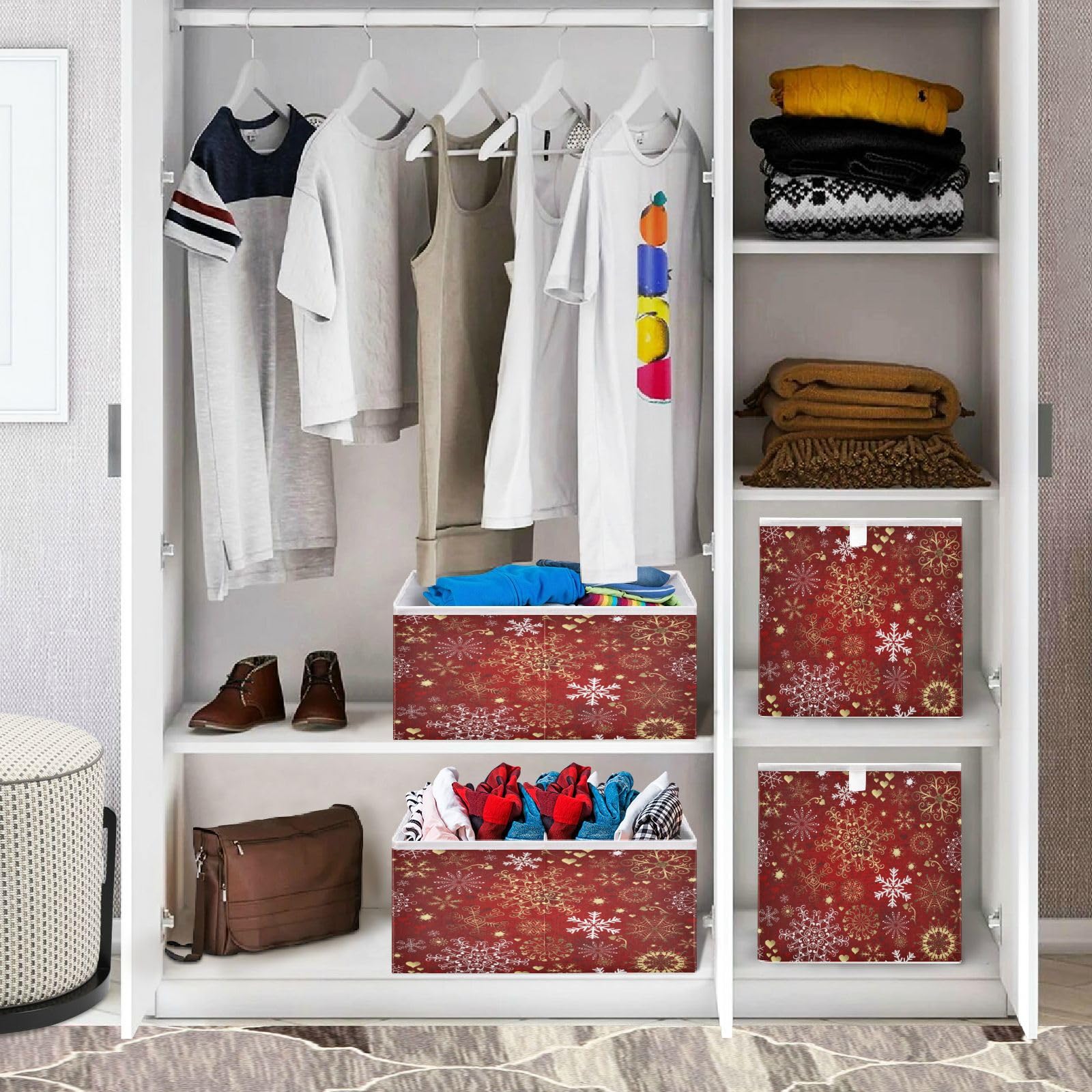 Christmas Red Gold and White Snowflakes Closet Organizers Storage Cubes Storage Bins Shelf Baskets Containers for Home Room Office,Square