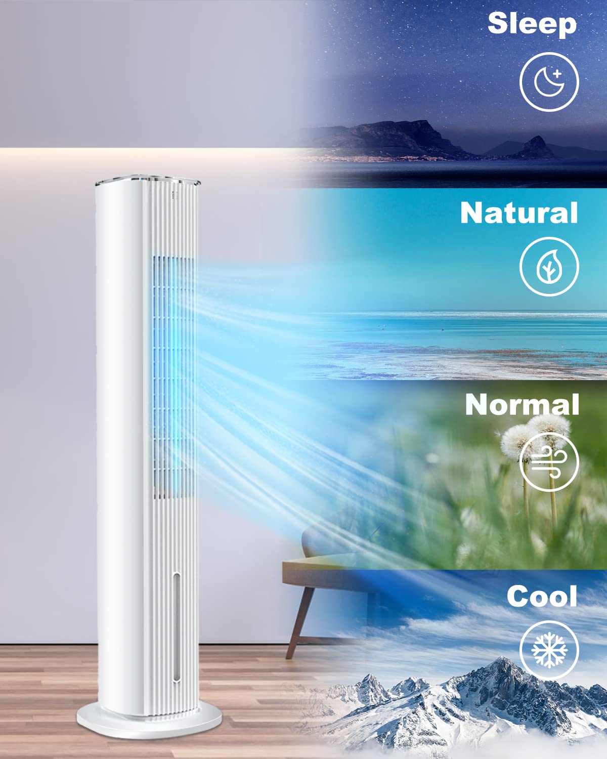 Evaporative Air Cooler Portable Cooling Fan, Cool with 3 Speeds, 12H Timer Evaporative Cooler, Bladeless Fan Ice Boxes Contained, Remote Control Tower Fan for Large Room Office