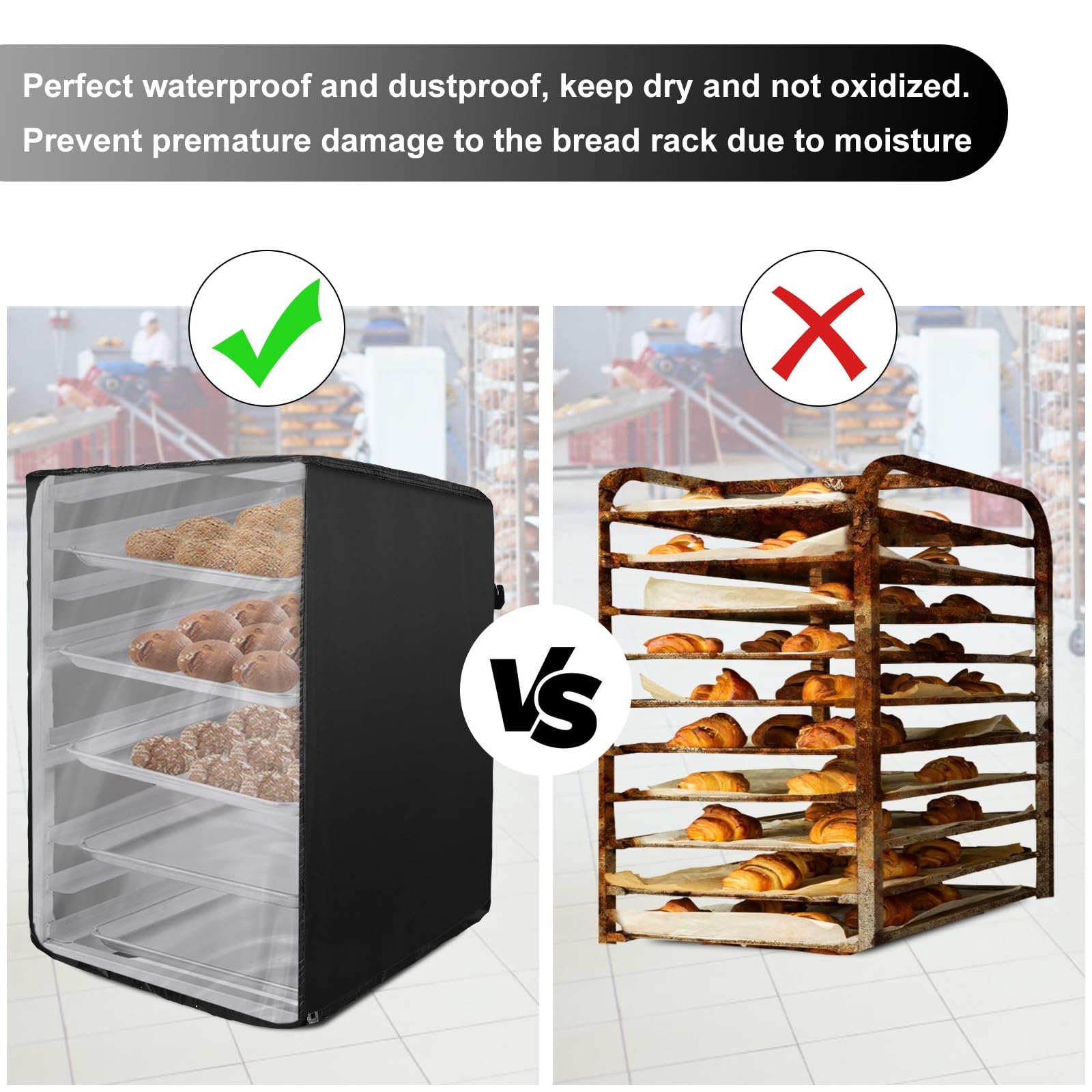 Bread Rack Cover with Zipper, 10tier Sheet Pan Rack/Bun Pan Rack Cover with Vents ,23"X28"X32" Bakery Single Rack Covers Waterproof and Dustproof,Black