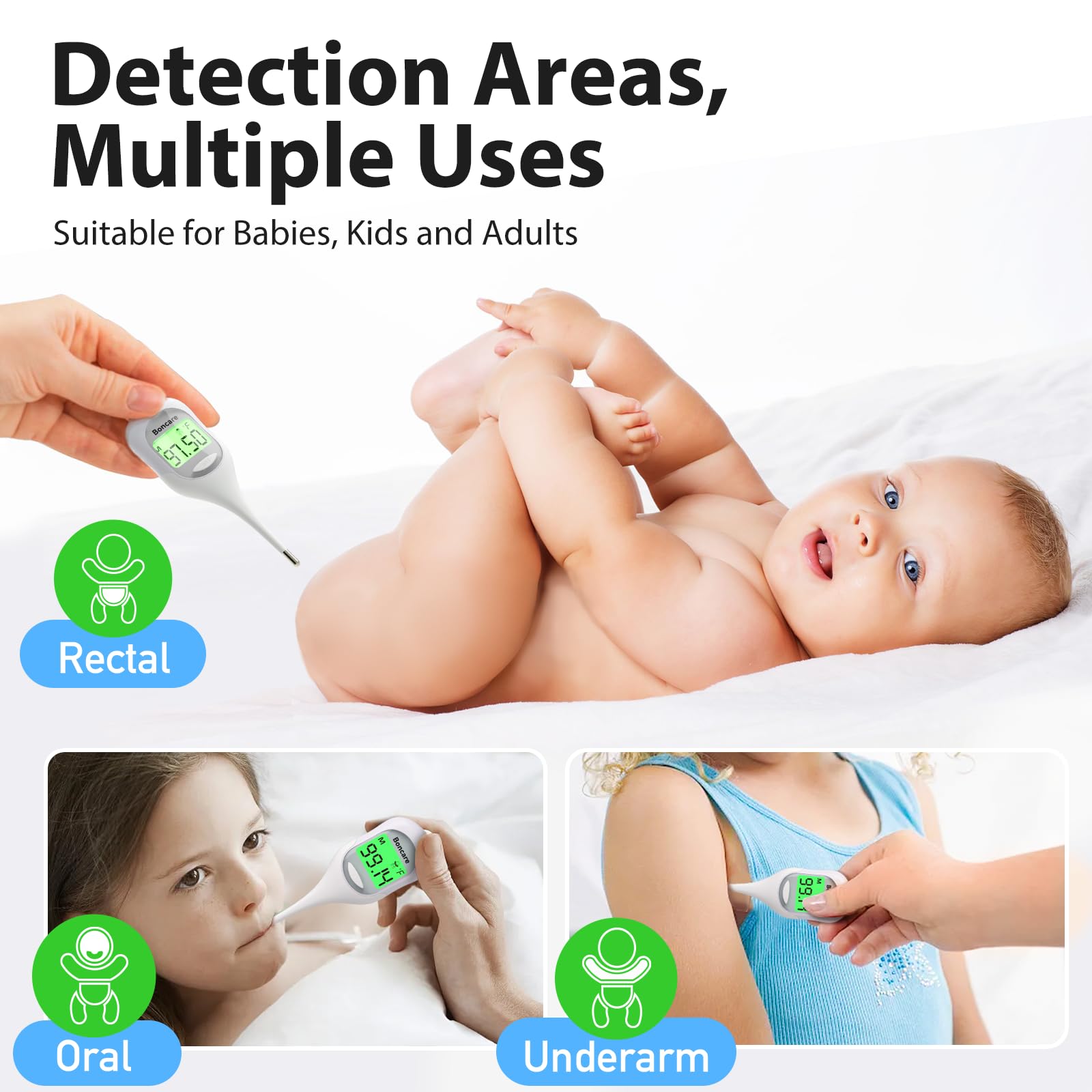 Boncare 9 Seconds Digital Basal Thermometer for Adults and Kids - Accurate Oral Thermometer with Fever Alarm, Rectal Thermometer for Baby with Large Display (Rice-White)