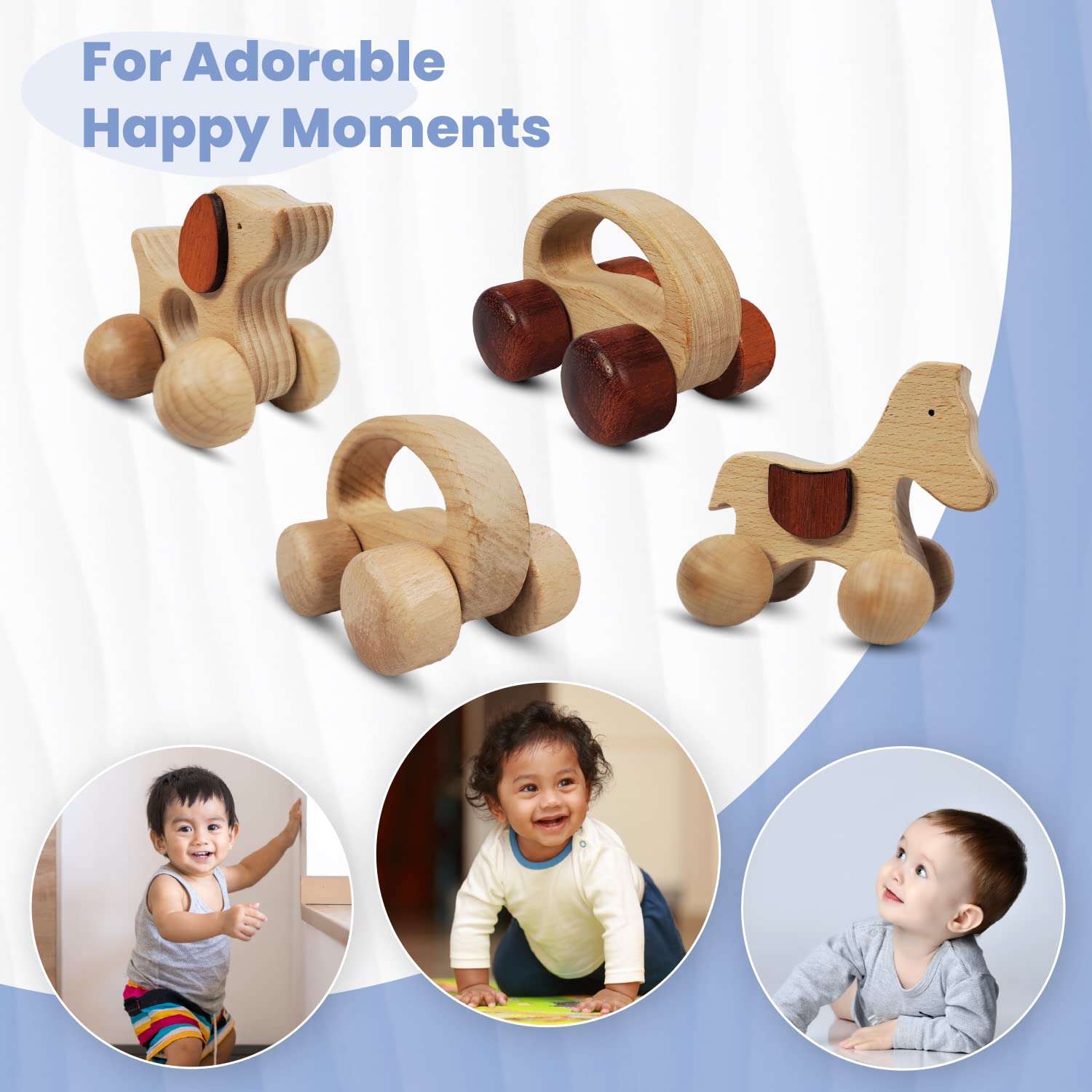 TEKOR Wooden Animal Push Toy with Wheels | Baby & Toddler | Grasping & Teething | Natural Organic Beech Wood | Develops Fine Motor Skill | Coordination | Smooth No Rough Edges | (Package of 4 Toys)