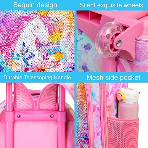 CCJPX 4PCS Kids Rolling Backpack for Girls, Unicorn Sequin Roller Wheeled Bookbag Toddler Elementary School Bag with Wheels One Size