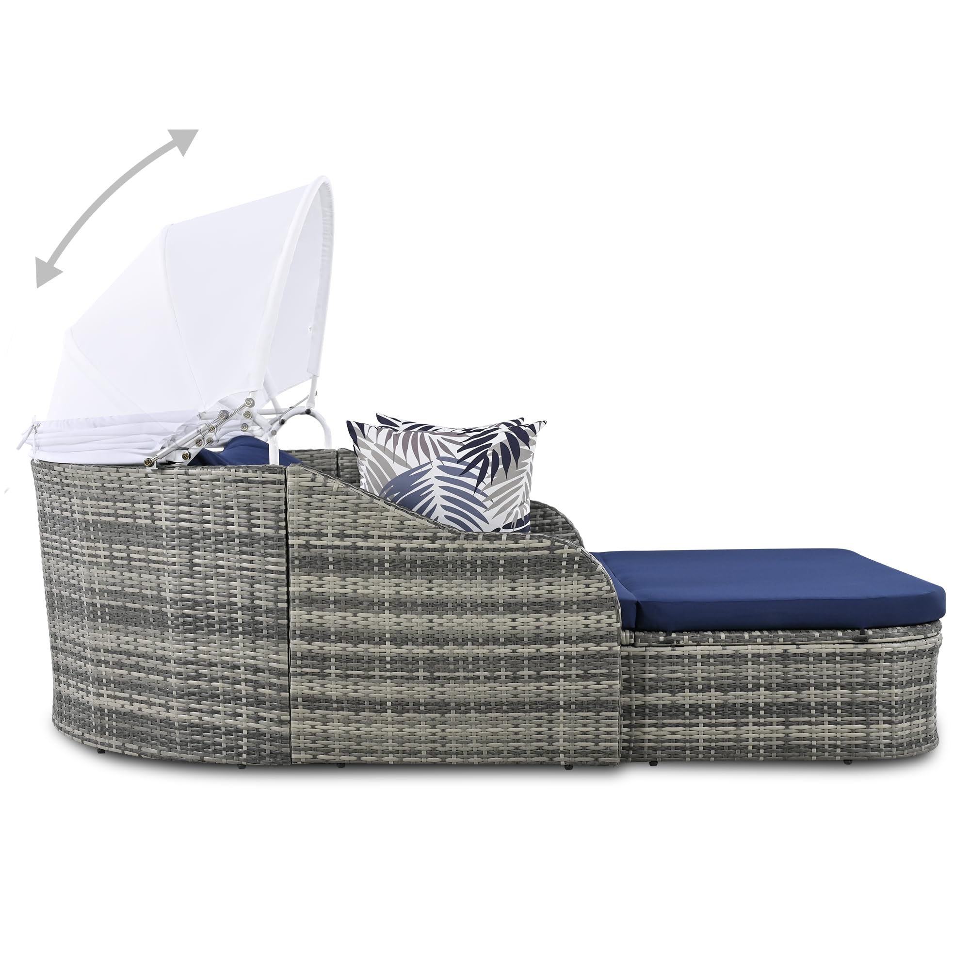 Bellemave Outdoor Patio Sunbed Daybed with Adjustable Canopy,PE Wicker Rattan Daybed Double Chaise Lounger with Cushions and Pillows for Garden, Backyard(Blue)