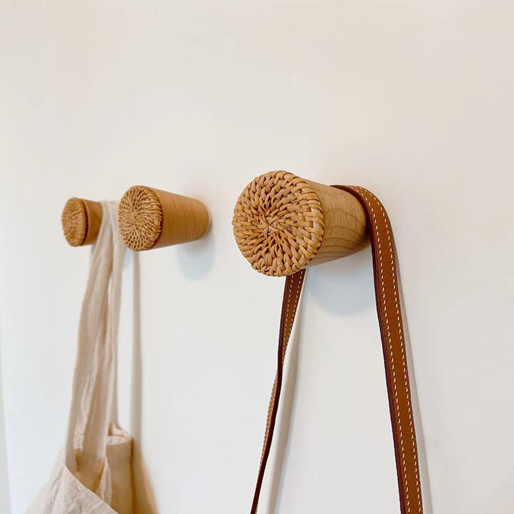 Bohoify 3pc Boho Rattan Wicker Woven Wood Wall Hooks, Handmade Wall Mounts, Rustic Wooden Hook for Hats, Scarfs, Bags, Decorative Home Decor Bathroom Clothes Hanger Organizer (50mm x 35mm, Caramel)