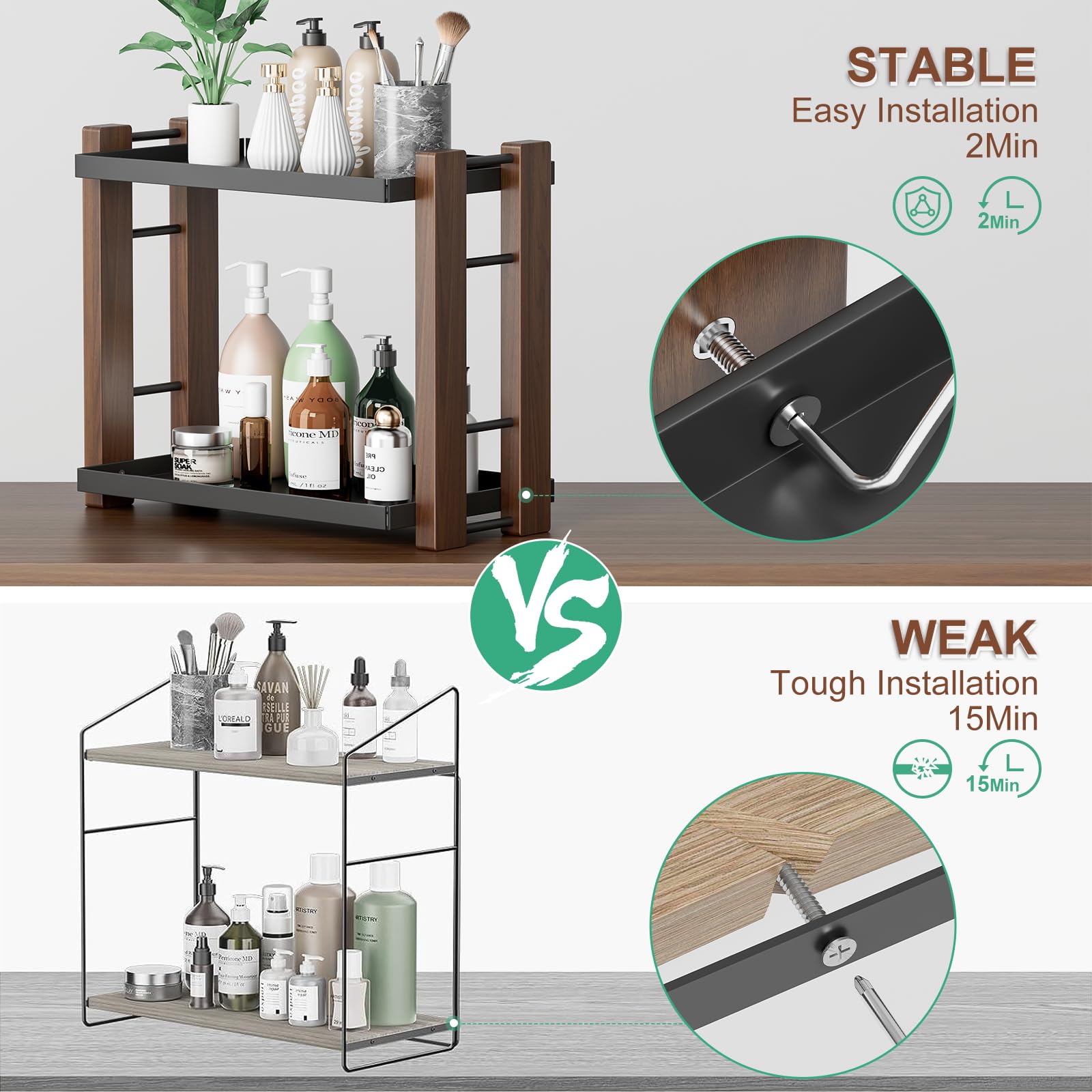 U-Chain Bathroom Countertop Organizer - 2 Tier Standing Bathroom Counter Storage,Stylish Bathroom Sink Organizer Countertop for Bathroom Decor and Organization(Solid Walnut, Stainless Steel)