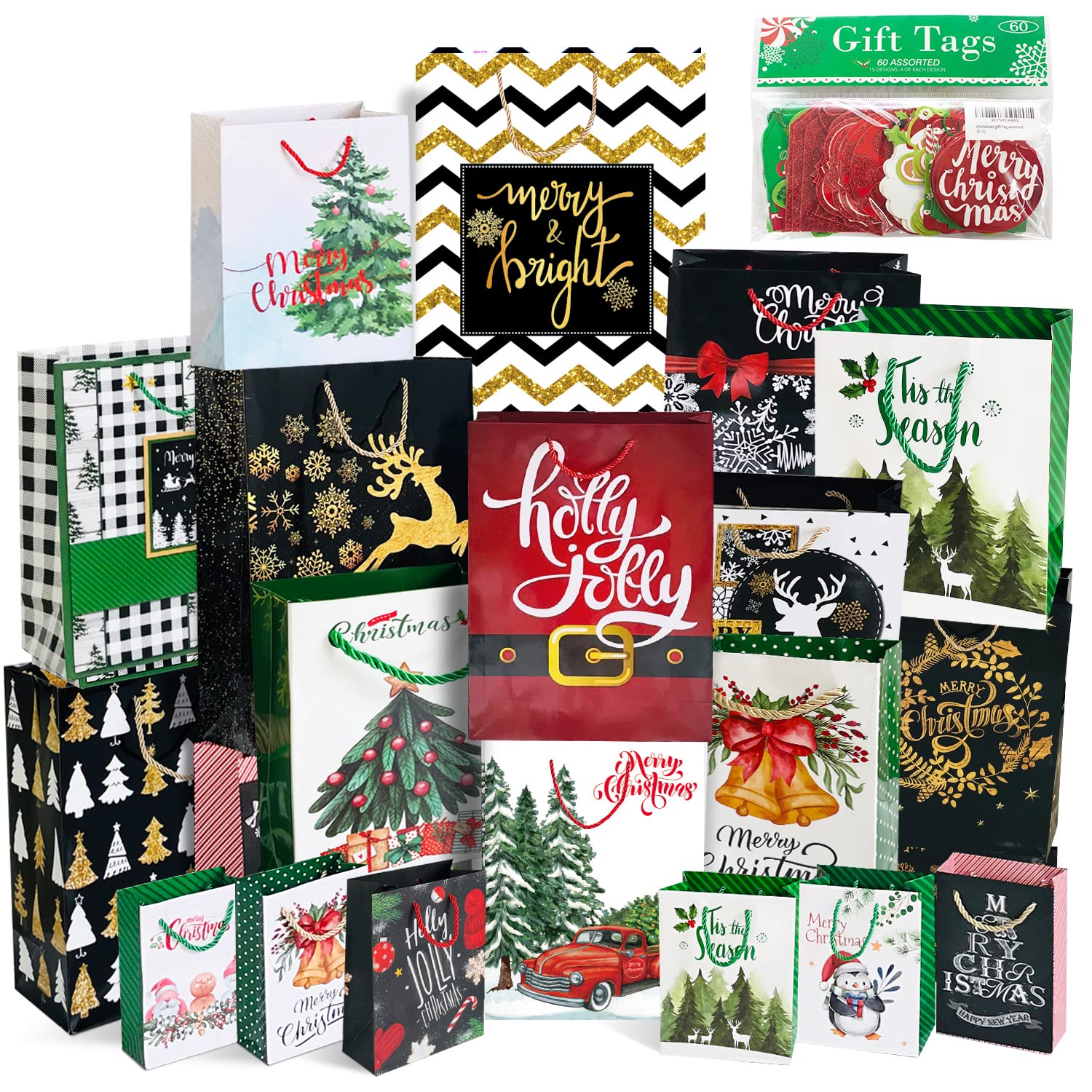Party Funny 24 Christmas Gift Paper Bags Bulk with Handles and 60 Count Christmas Gift Tags-Assorted Sizes Set for Wrapping Xmas Holiday Presents(6 Jumbo,6 Large,6 Medium,6 Small)