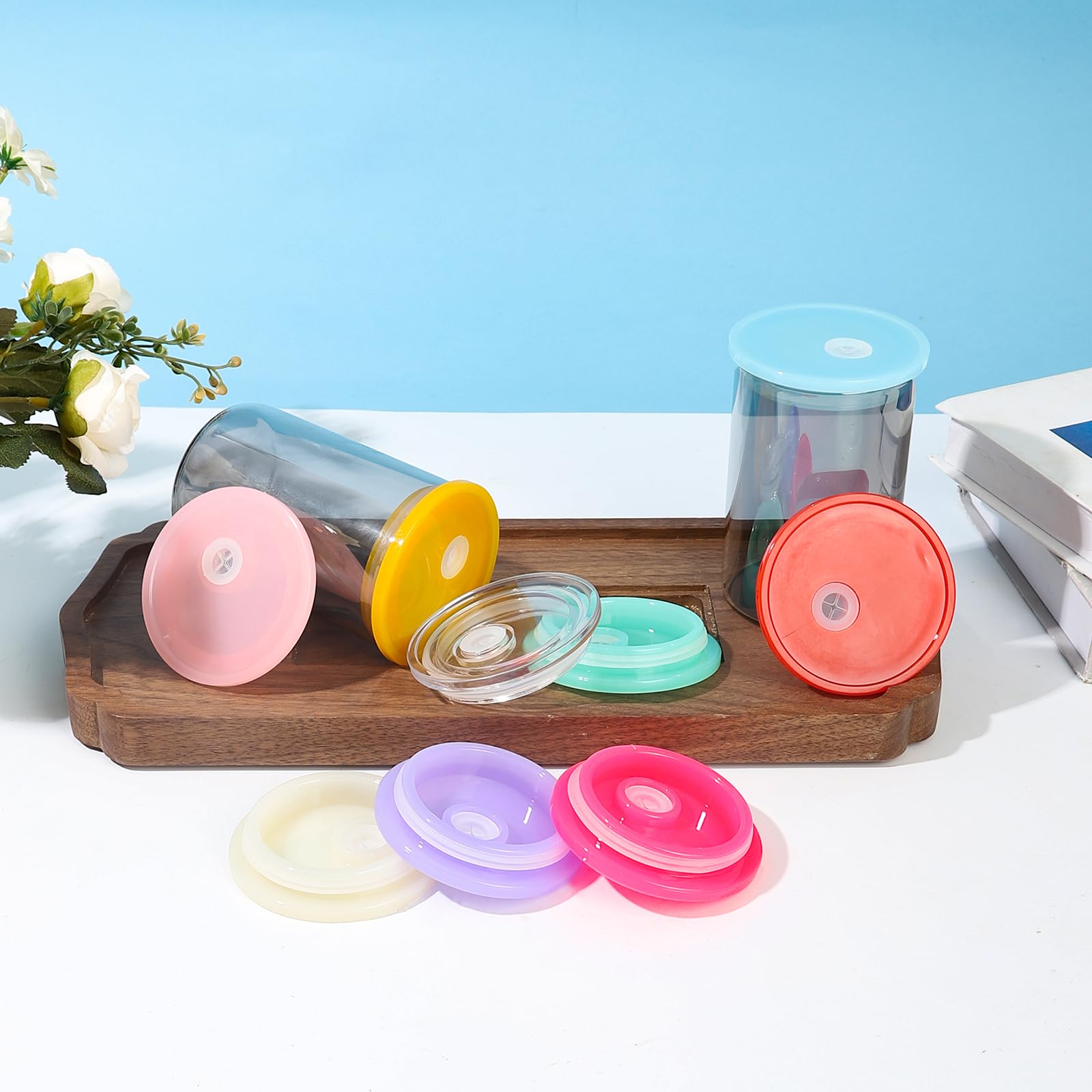 Colorful Acrylic Lids for 16 oz Glass Cups, Spill Proof and Reusable Tumbler Replacement Lids, Suitable for Beer Cans, Water Cups and Glasses(10 Pcs)