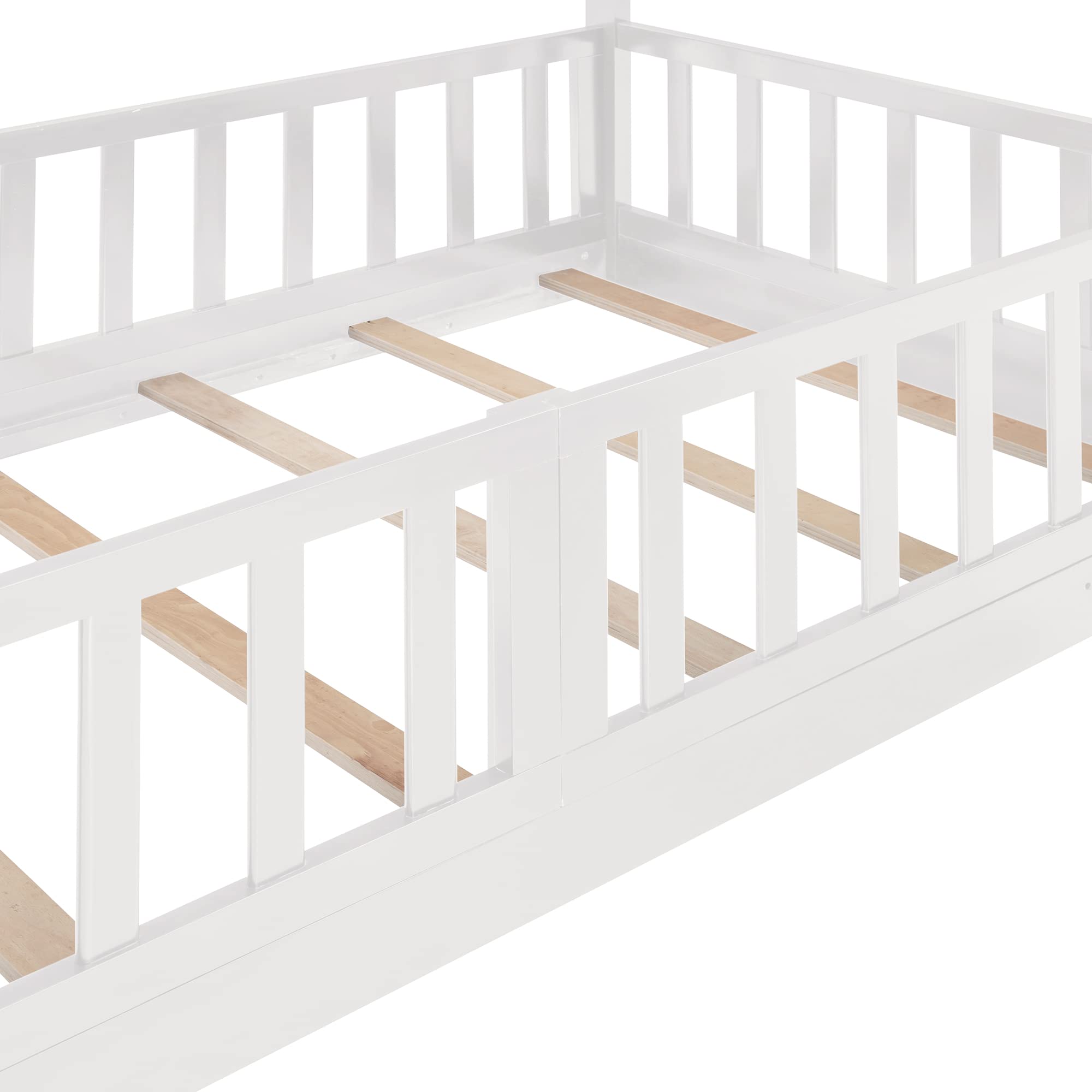 Bellemave Twin Over Twin Floor Bunk Bed with Slide and Ladder, Low Bunk Bed for Kids, Girls, Boys, Removable Fence, Bunk Bed with Slide, White