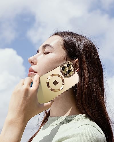 BOTOER Magnetic Matallic Glossy Designed for iPhone 14 Pro Phone Case with Full Camera Protection [Compatible with MagSafe] for Women Girls Phone Case (6.1")-Gold