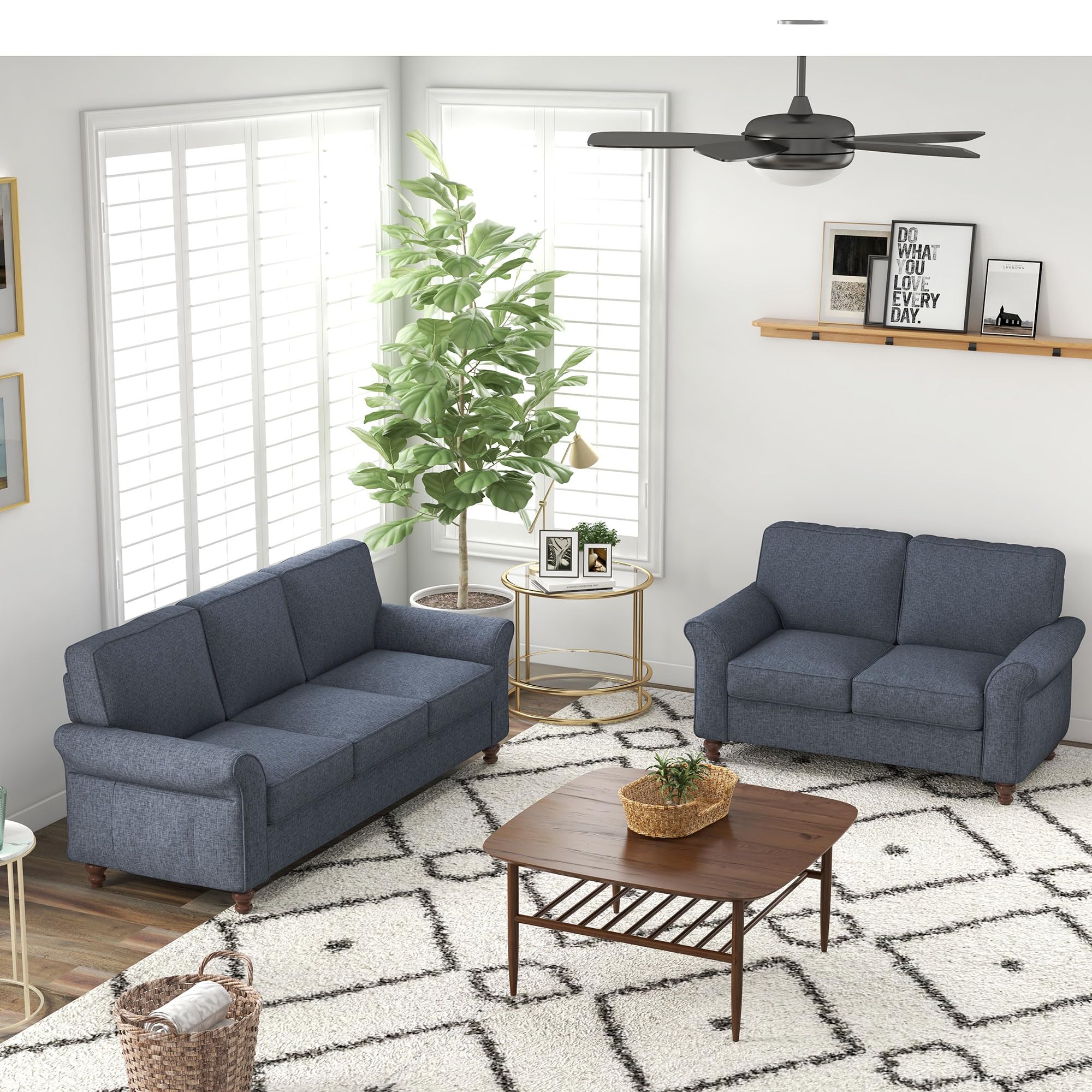 Bonzy Home 57" Loveseat Sofa, 2 Seater Upholstered Comfy Sofa Couch for Small Space, Living Room, Apartment, Office, Blue