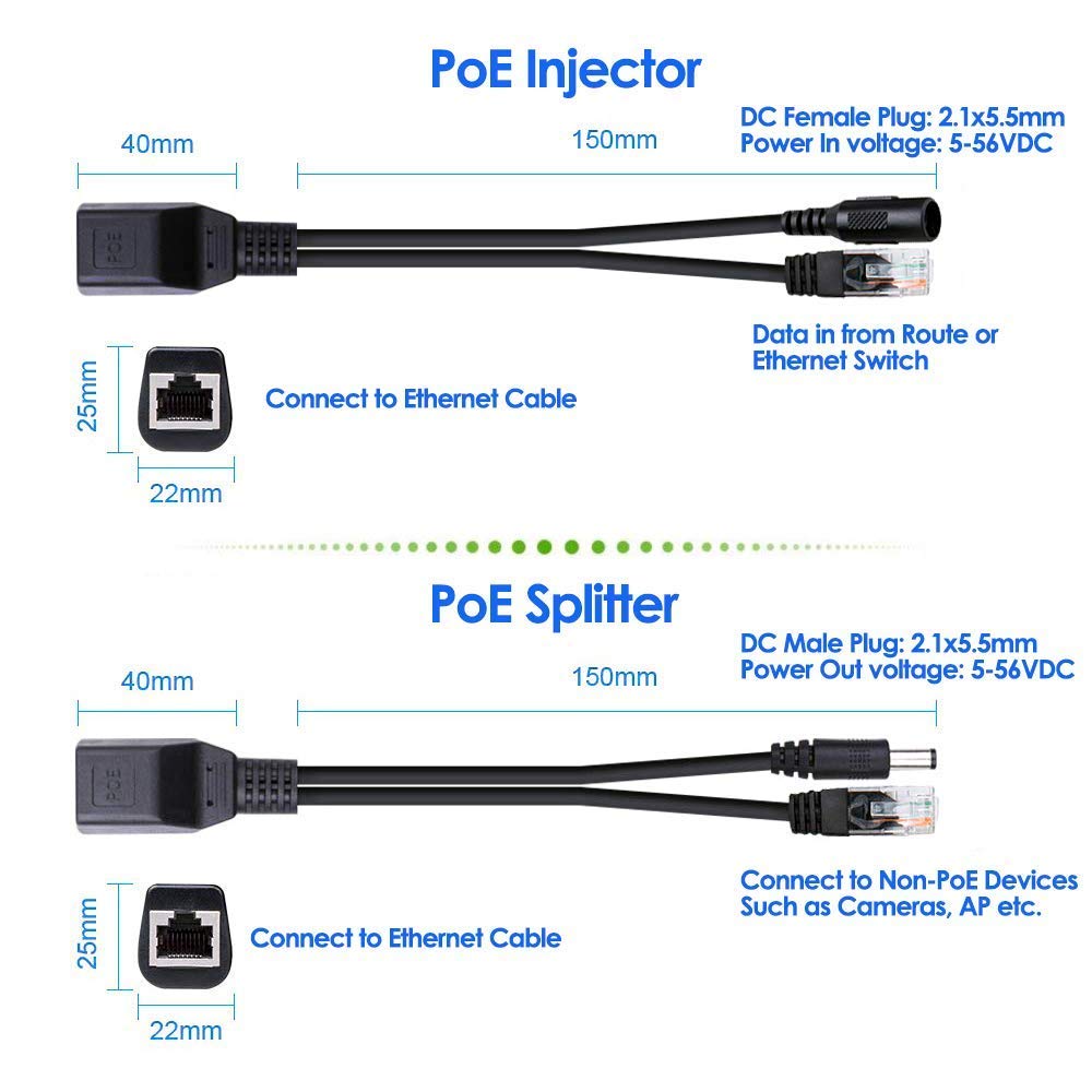HUACAM Passive POE Injector and POE Splitter Kit with 5.5 x 2.1 mm DC Male and Female Power Adapter Connector POE Separator for RJ45 Power Over Ethernet (1 Pair)