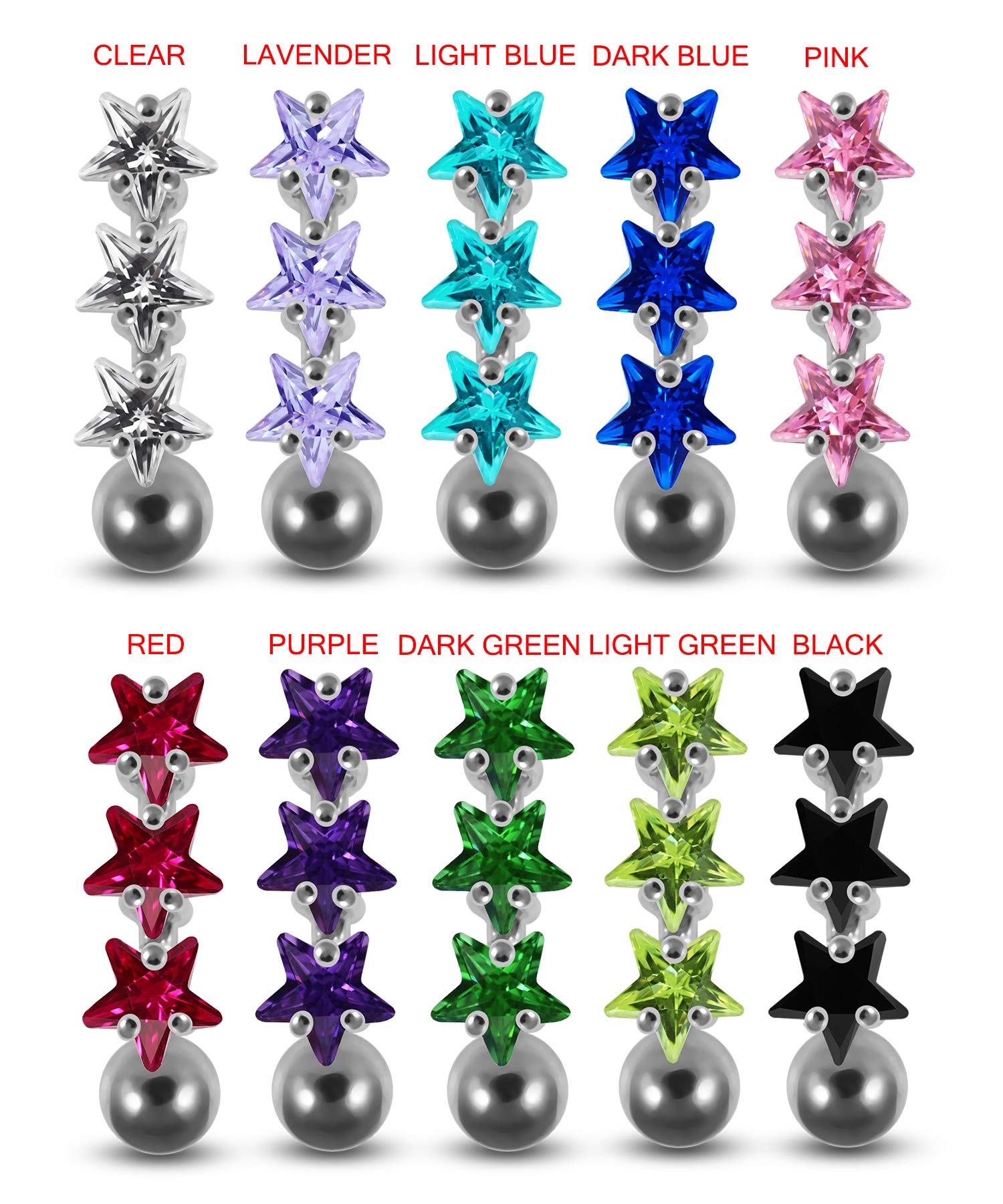 AtoZ Piercing Black Gemstone Fancy Triple Star Reverse Bar 925 Sterling Silver with Stainless Steel Belly Button Rings