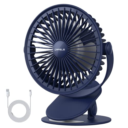 CAFELE Stroller Clip on Fan, 【Ultra Quiet】 Rechargeable Battery Operated Personal Fan Strong Airflow, 4 Speeds Max 24Hrs 6-inch Small Portable Fan for Bed Desk Car Seat White Blue