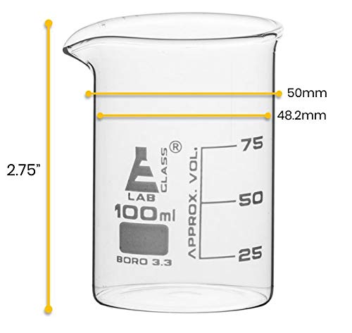 EISCO 12PK Beakers, 100ml - Low Form with Spout - White, 25ml Graduations - Borosilicate 3.3 Glass