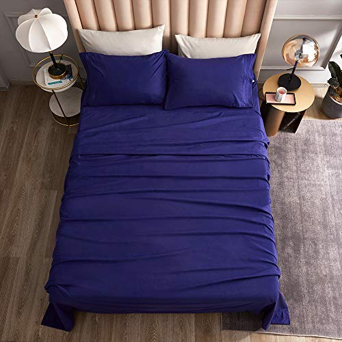 DERBELL Bed Sheet Set - Brushed Microfiber Bedding - Bedding Sheets & Pillowcases - Deep Pockets - Easy Fit - Breathable & Cooling Sheets - 4 Piece King Blue Set