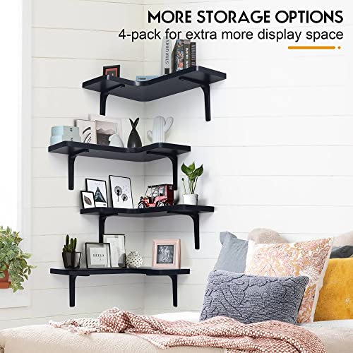 Corner Floating Shelves Set of 4 | Corner Wall Shelves | Wall Mounted Corner Storage Display Shelving for Bathroom, Bedroom, Living Room, Kitchen | 16" W x 11-2/5" D | L-Shaped, Matte Black