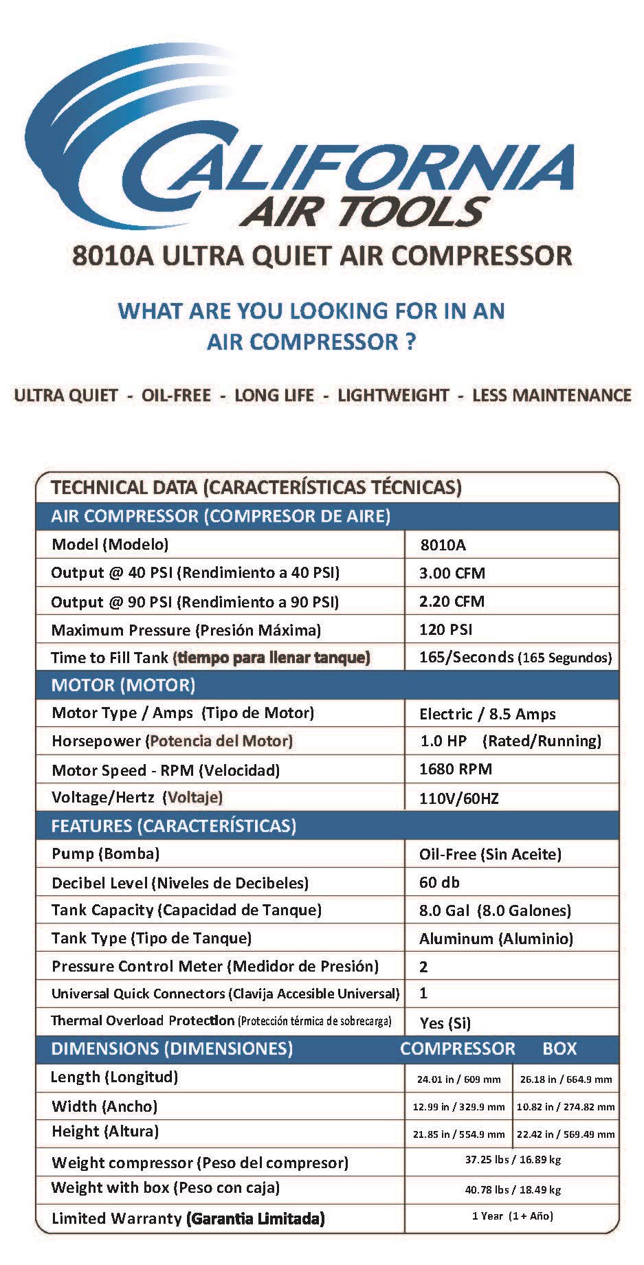 California Air Tools 8010A Aluminum Tank Air Compressor | Ultra Quiet, Oil-Free, 1.0 hp, 8 gal