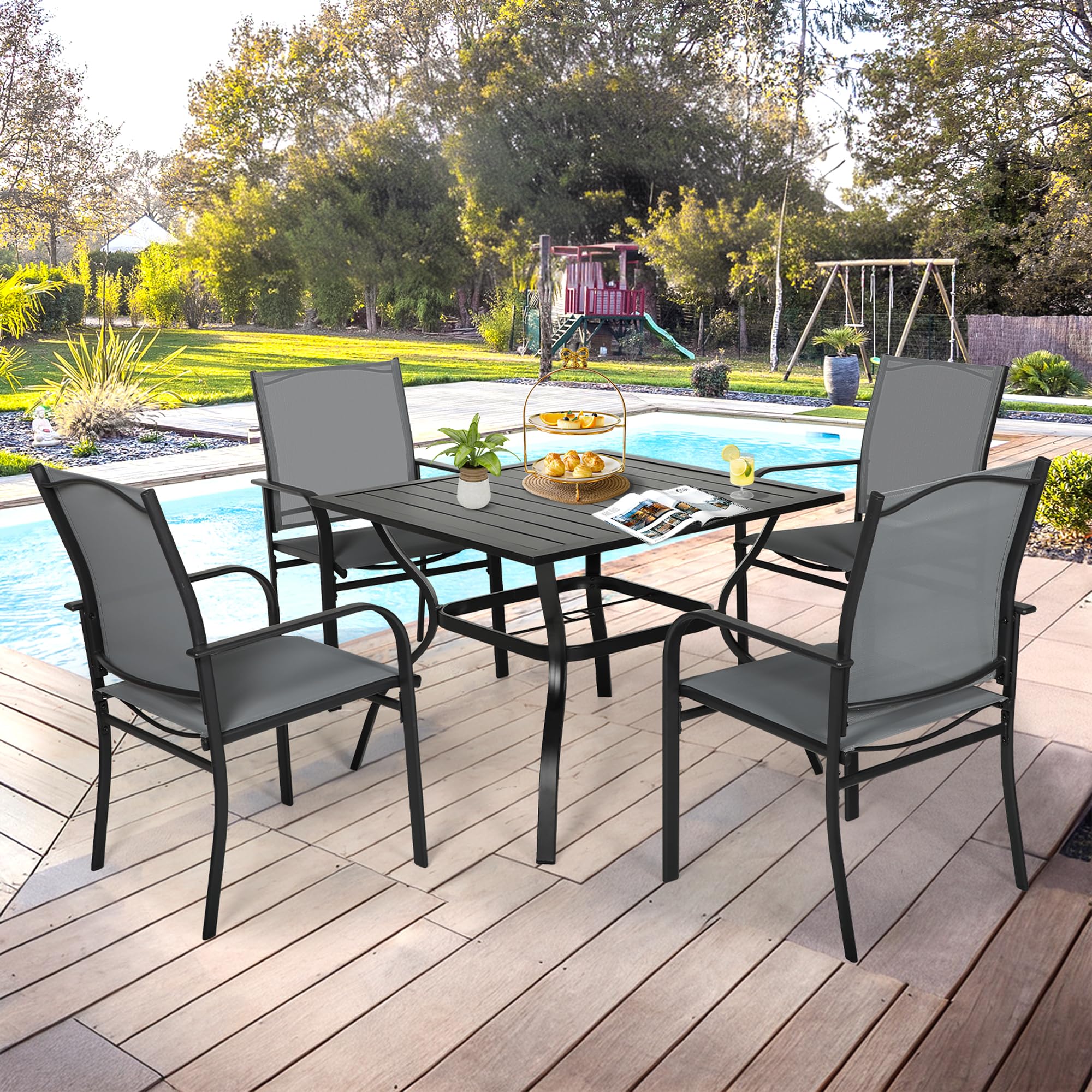 Brightpeak Outdoor Chairs Set of 2, Patio Dining Chairs with Armrest, All Weather Textilene Breathable Seat Fabric Chair for Backyard, Deck, Poolside (Grey)