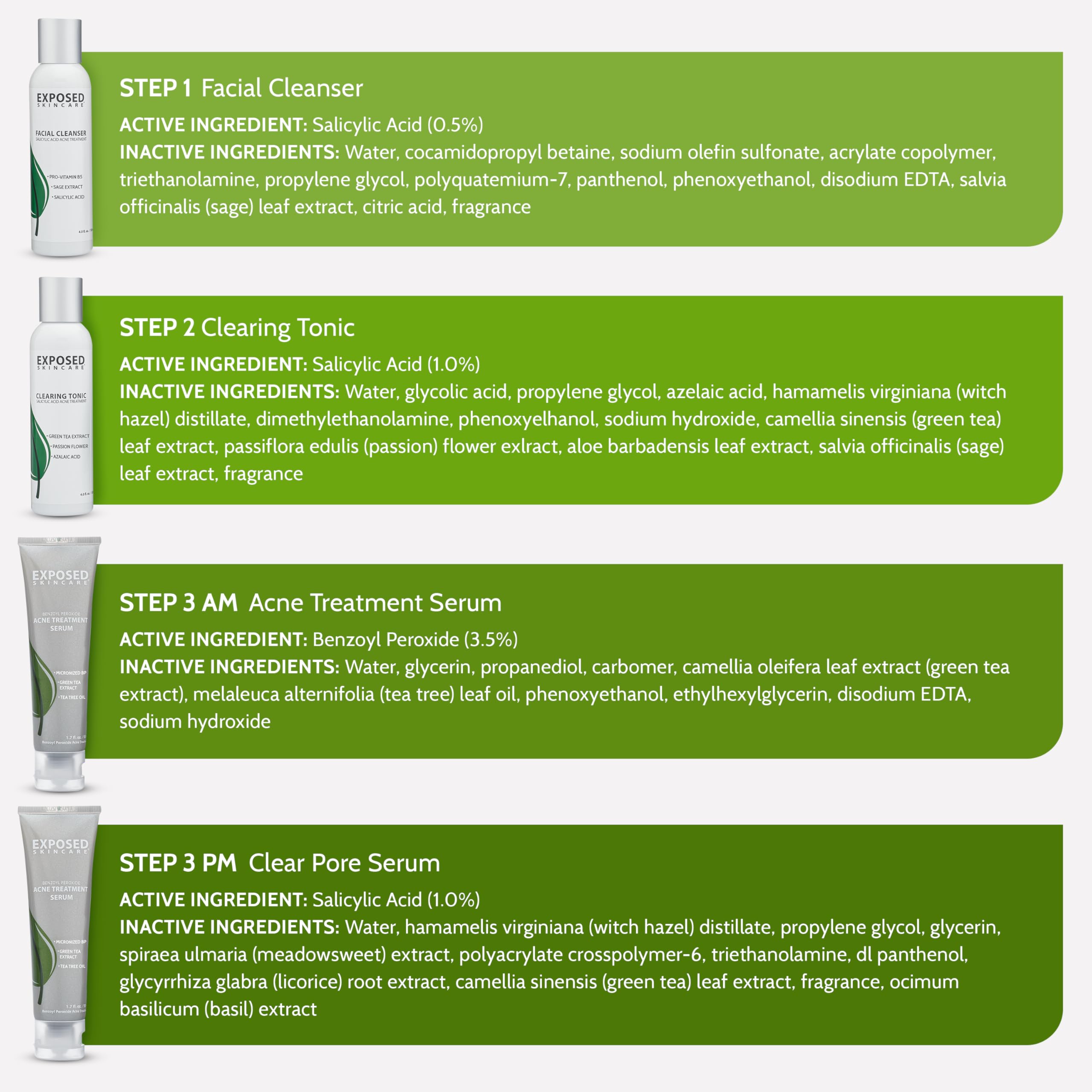 Exposed Skin Care Basic Acne Treatment Kit - Includes Salicylic Acid Face Wash, Clearing Tonic, Acne Treatment Serum with Benzoyl Peroxide, Clear Pore Serum - Acne Set Solution for All Skin Types