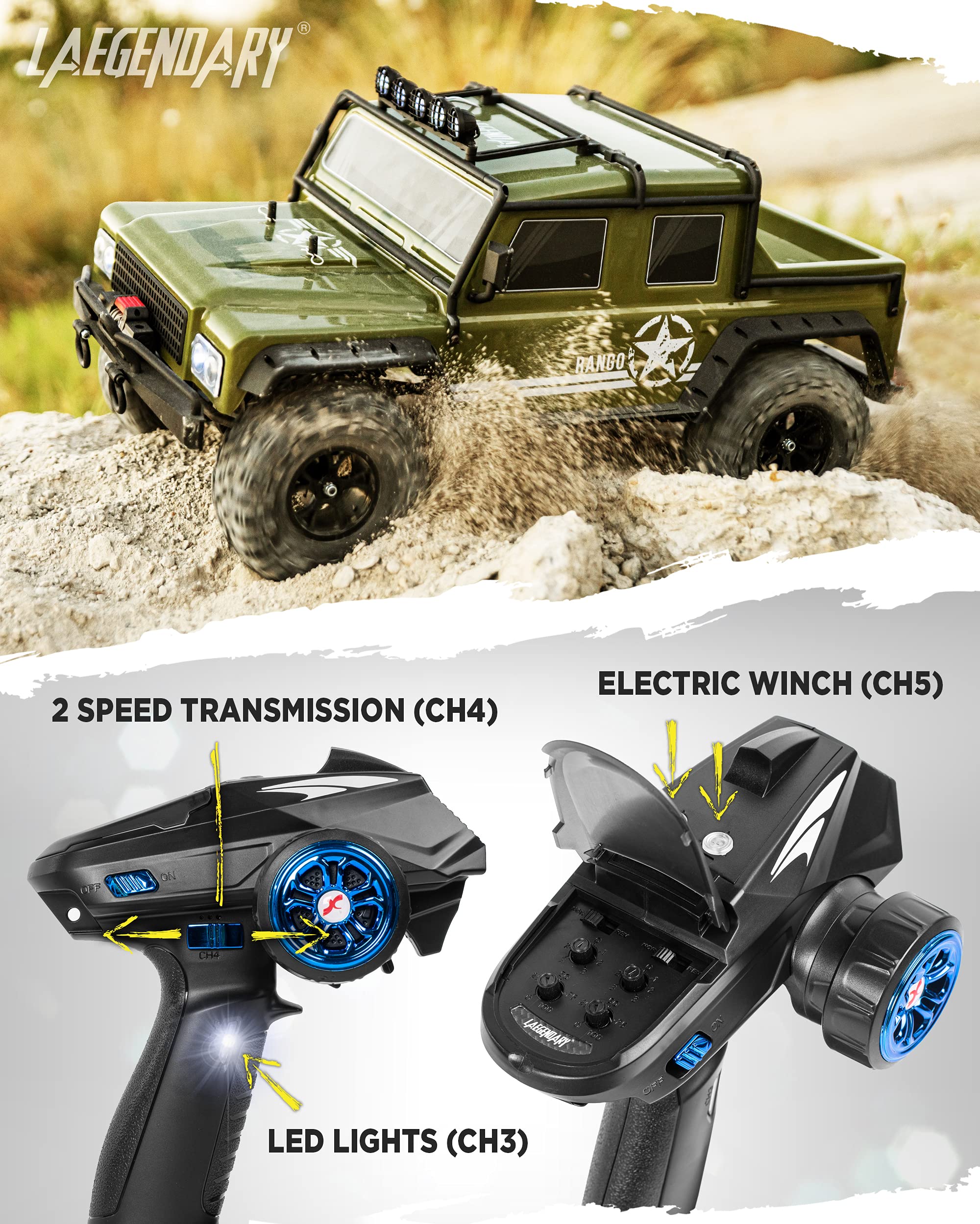 LAEGENDARY RC Crawler - 4x4 Offroad Truck for Adults - RC Rock Crawler, Fast Speed, Electric, Hobby Grade Car - 1:8 Scale, Brushed, Army Green
