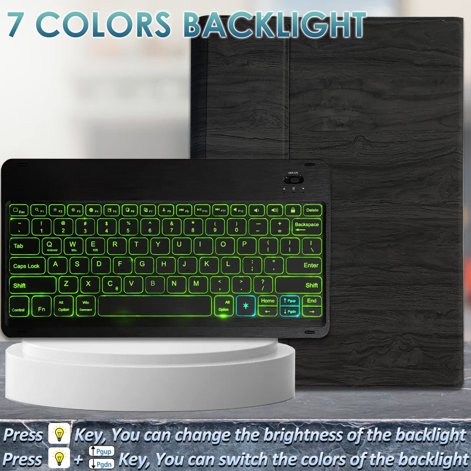 Backlit Keyboard Case for Samsung Galaxy Tab S8 Plus 2022/S7 FE 2021/S7 Plus 2020 12.4 inch with S Pen Holder, Wineecy 7 Colors Backlight Detachable Wireless Keyboard & PU Folio Stand Cover Case,Black