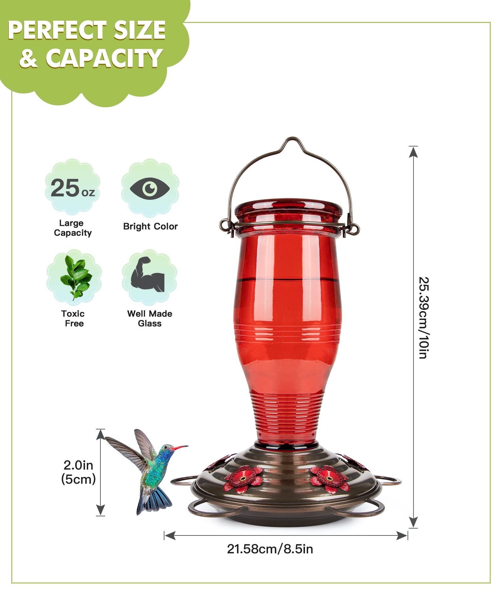 BOLITE 18006CR Hummingbird Feeder, Vintage Bottle Glass Hummingbird Feeders for Outdoors, 25 Ounces, Red