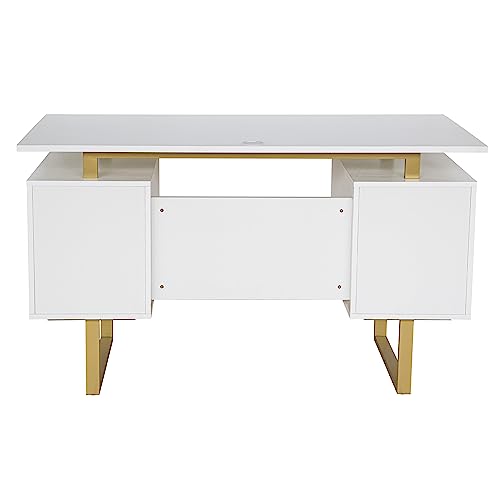 Techni Mobili Storage Drawers and Cabinet 51.25β W-Modern Office Large Floating Desktop Surface Desk, 23.6" D x 51.2" W x 29.8" H, White/Gold