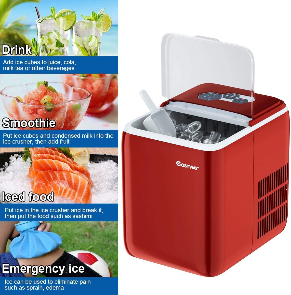 COSTWAY Ice Maker Countertop with Self-cleaning Function, Make 44 Lbs Ice in 24 Hours, Ice Cubes Ready in 8.5 Mins, Ideal for Bar Home and Office, Portable Ice Machine with Ice Scoop and Basket, Red