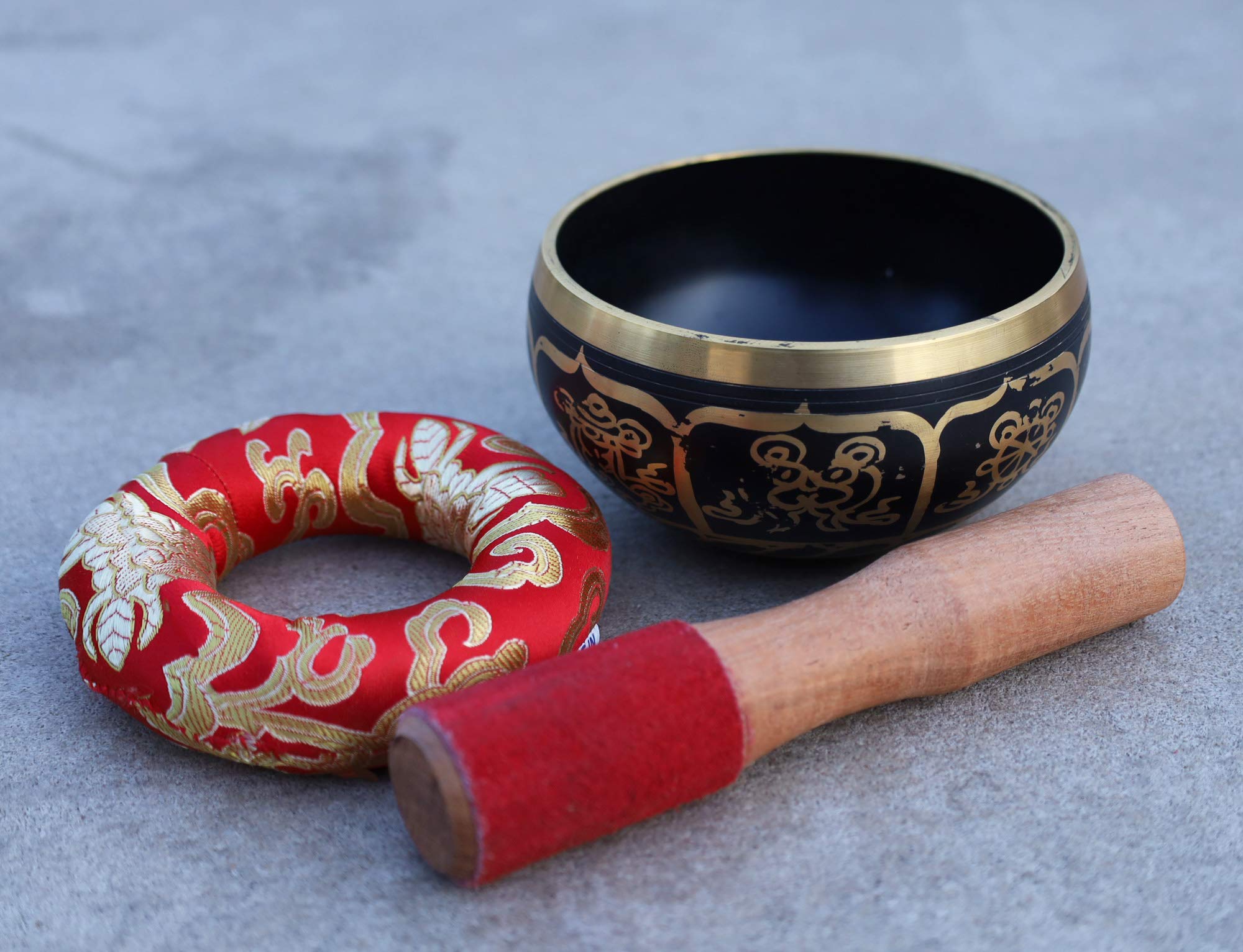 DharmaObjects ~ Tibetan 8 Lucky Symbols Singing Bowl Set ~ With Mallet, Brocade Cushion & Carry Bag ~ For Meditation, Chakra Healing, Prayer, Yoga